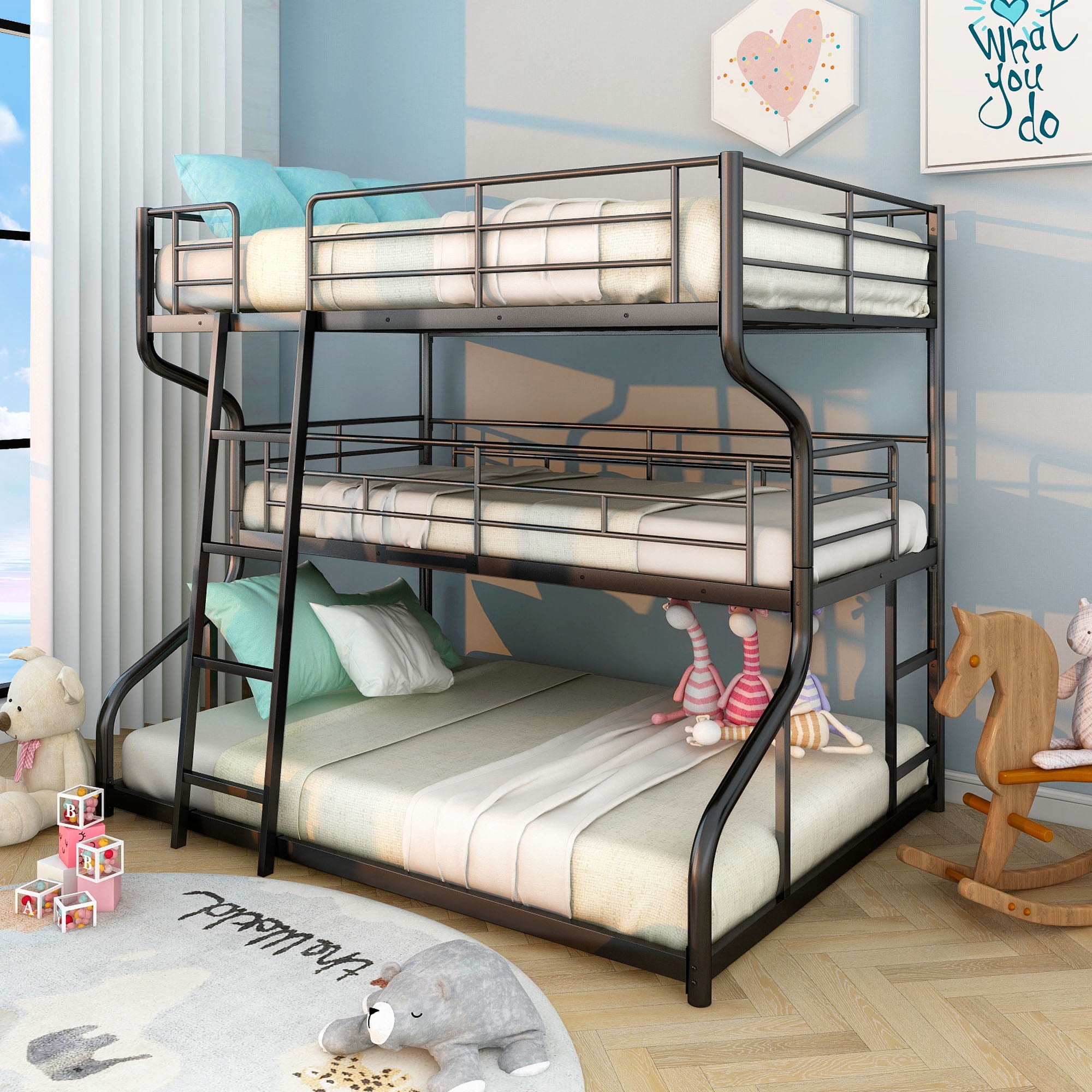 Euroco Metal Triple Bunk Bed, Full XL over Twin XL over Queen Floor Bed for Kids Room, Black ...