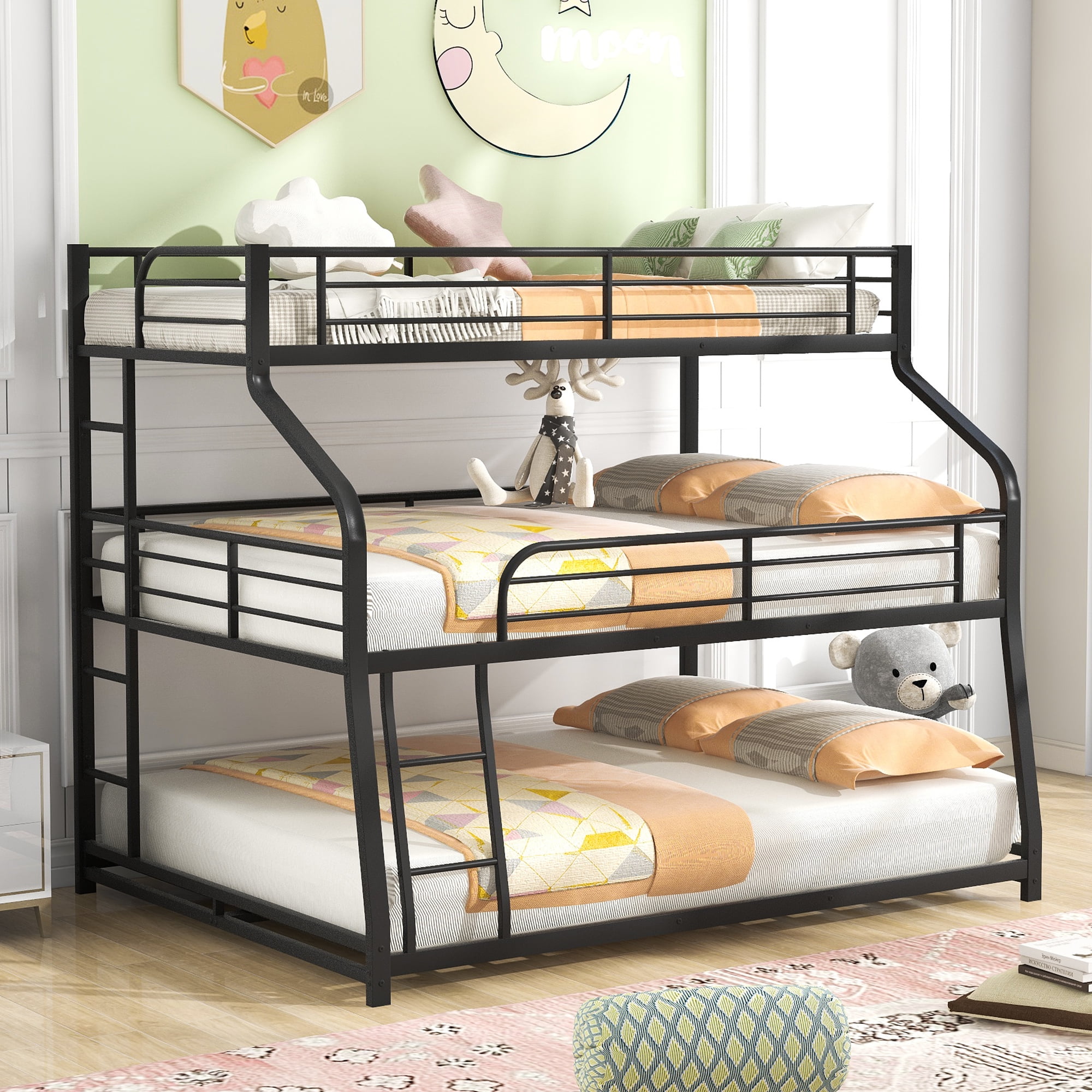 Euroco Metal Triple Bunk Bed, Twin-XL over Full-XL over Queen Size for Kids and Adults, Black ...