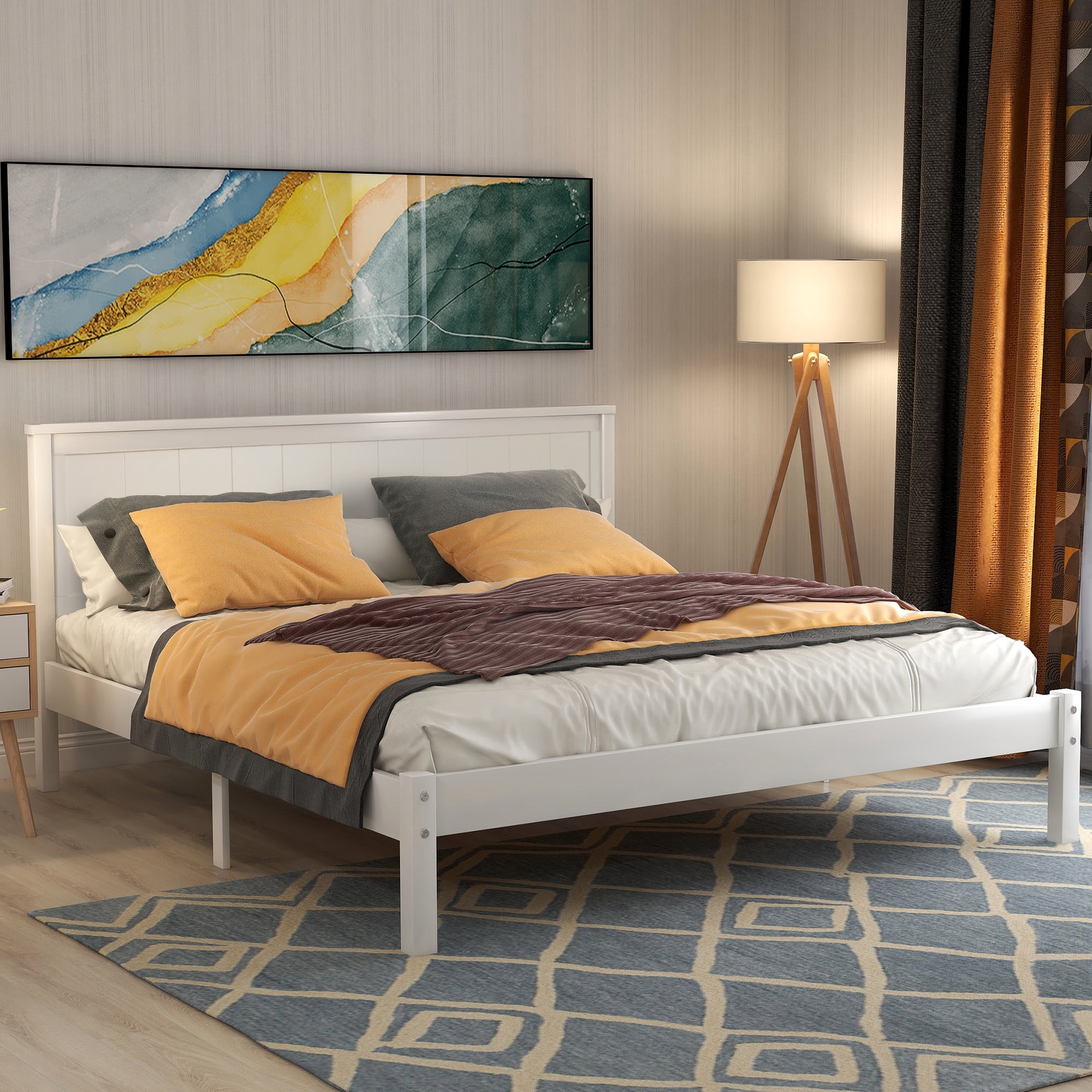Euroco Modern Full Size Platform Bed, Solid Wood Frame Bed with ...