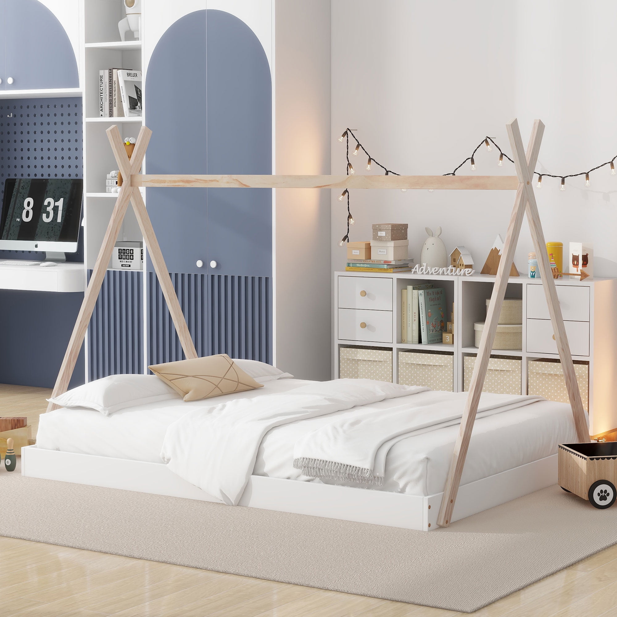 Euroco Modern Full Size Tent Floor Bed, x-Shaped House Platform Bed for ...