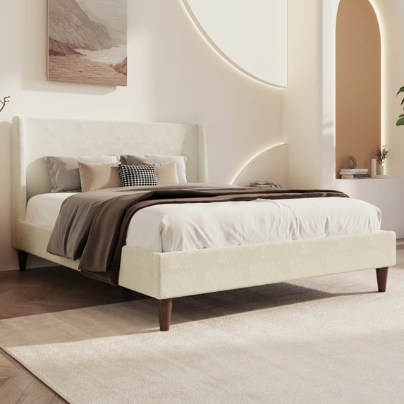 Euroco Modern King Size Ivory Boucle Upholstered Platform Bed with ...