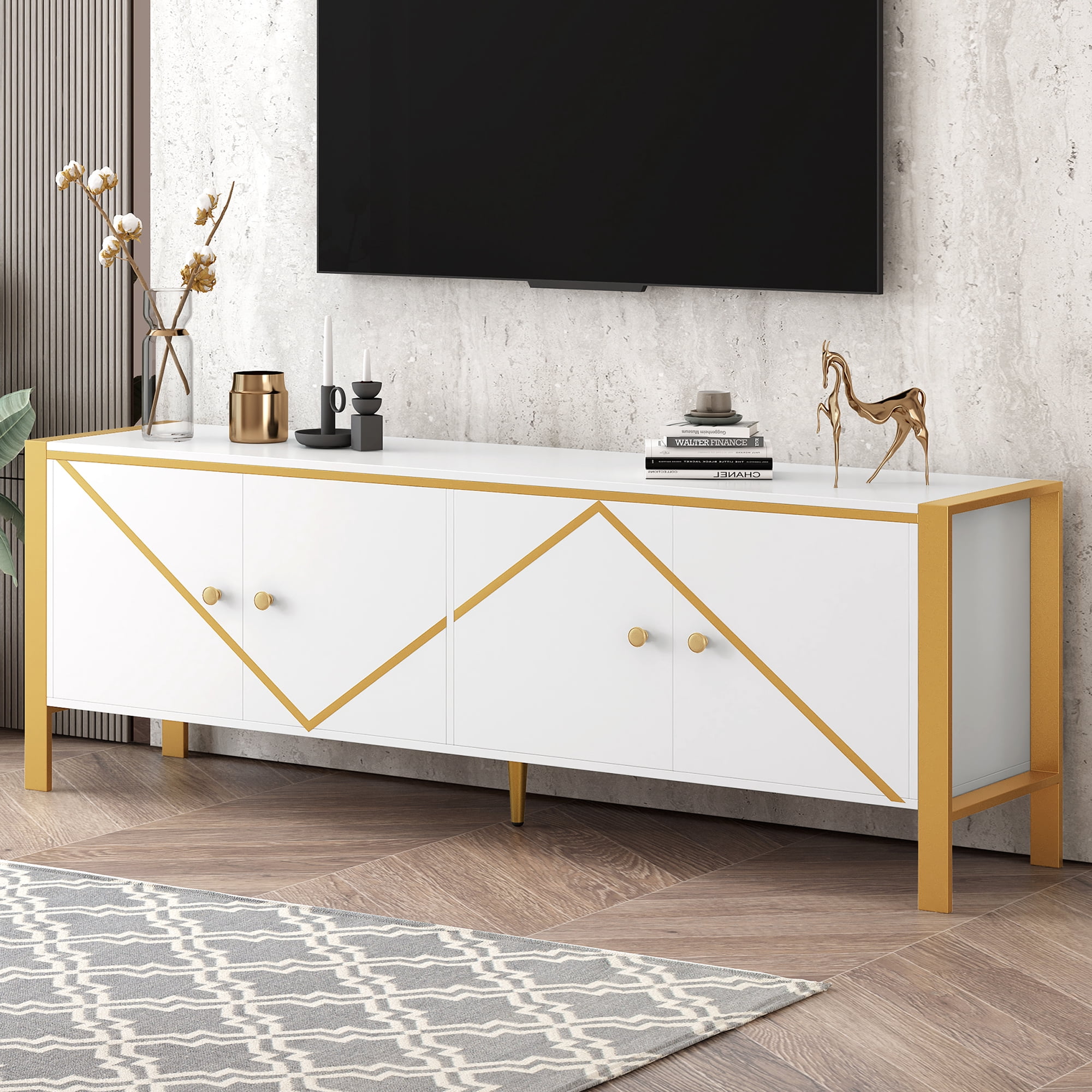 Euroco Modern TV Stand with Golden Metal Frame, Adjustable Shelves ...