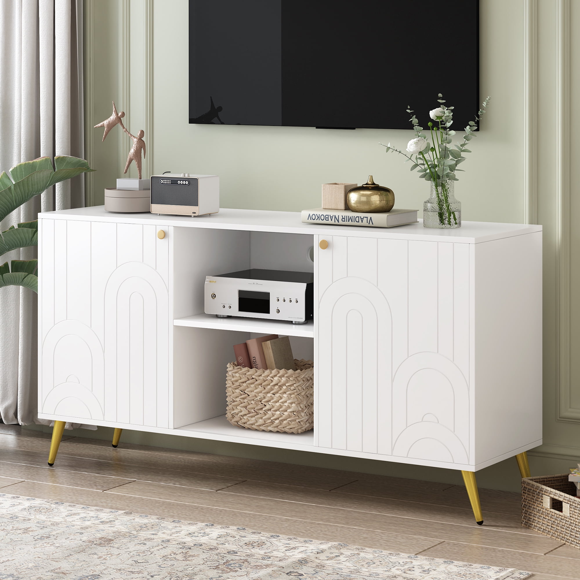 Euroco Modern TV Stand with Golden Metal Legs, Storage Cabinets & Open ...