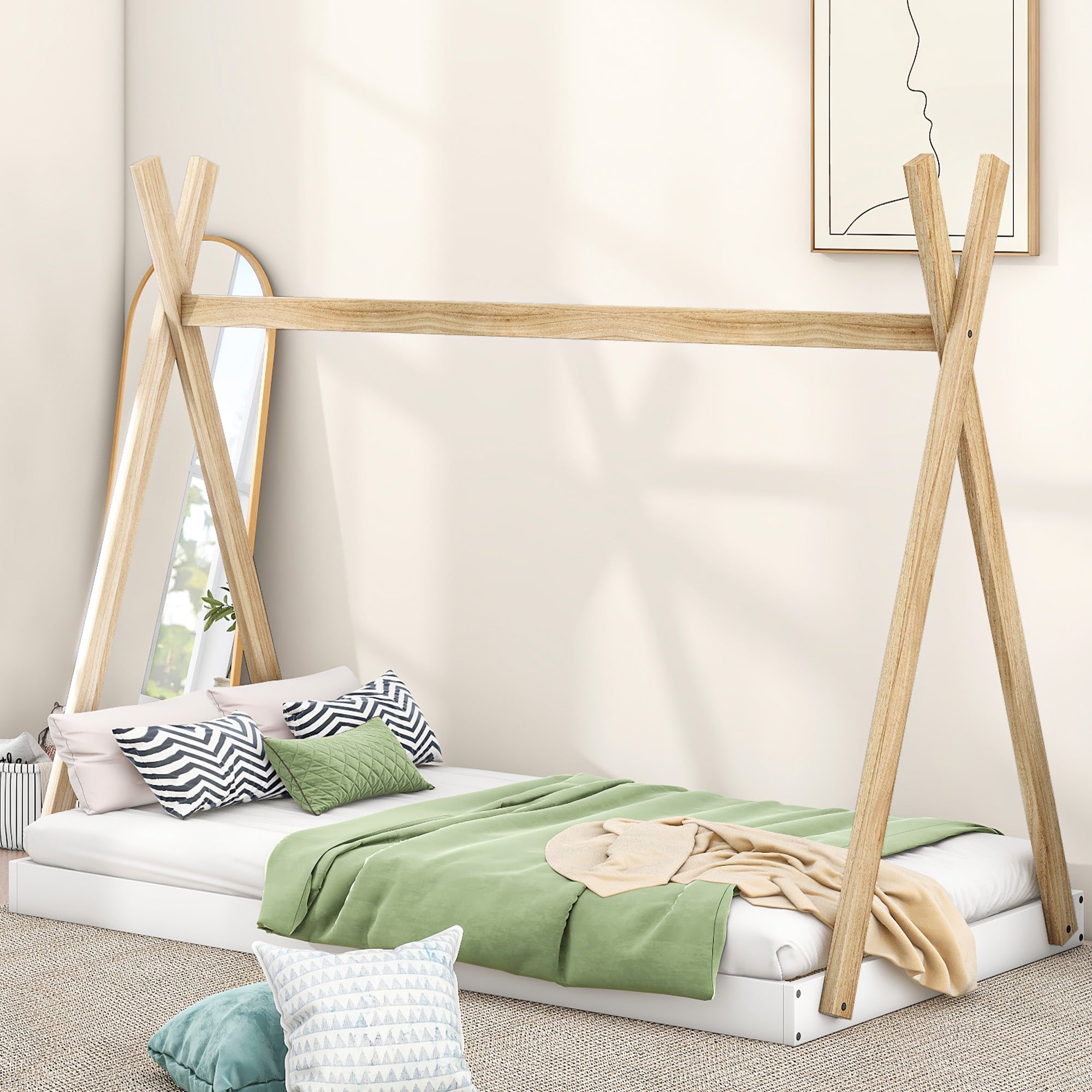 Euroco Modern Twin Size Tent Floor Bed, x-Shaped House Bed for Kids ...