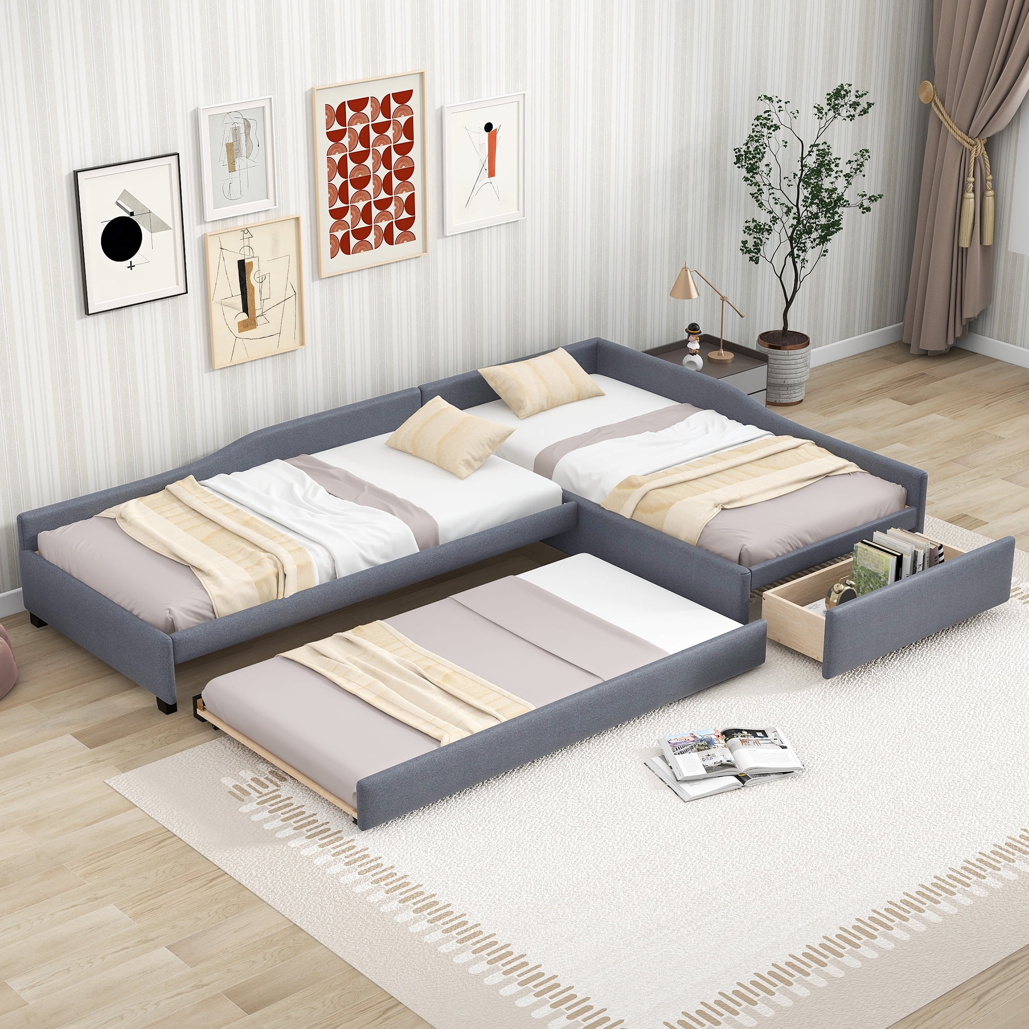 Euroco Modern Upholstered L-Shaped Twin Daybed with Drawer and Trundle ...