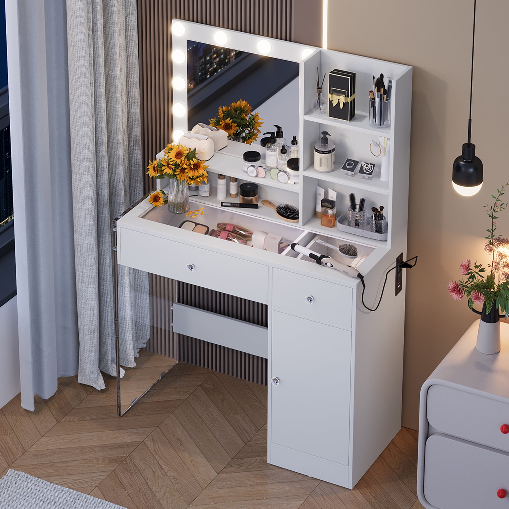 Euroco Modern Vanity Table with Lighted Mirror, Glass Top, Charging ...