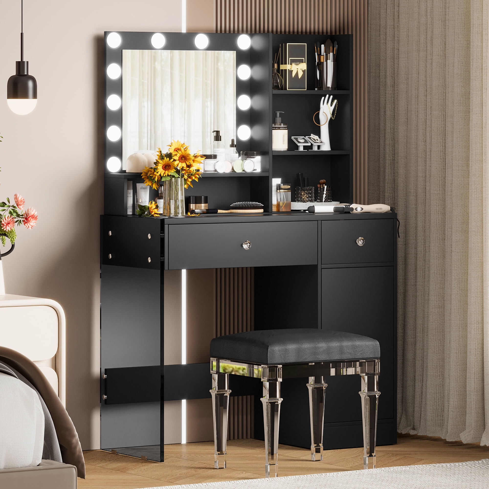 Euroco Modern Vanity Table with Lighted Mirror, Glass Top, Charging ...