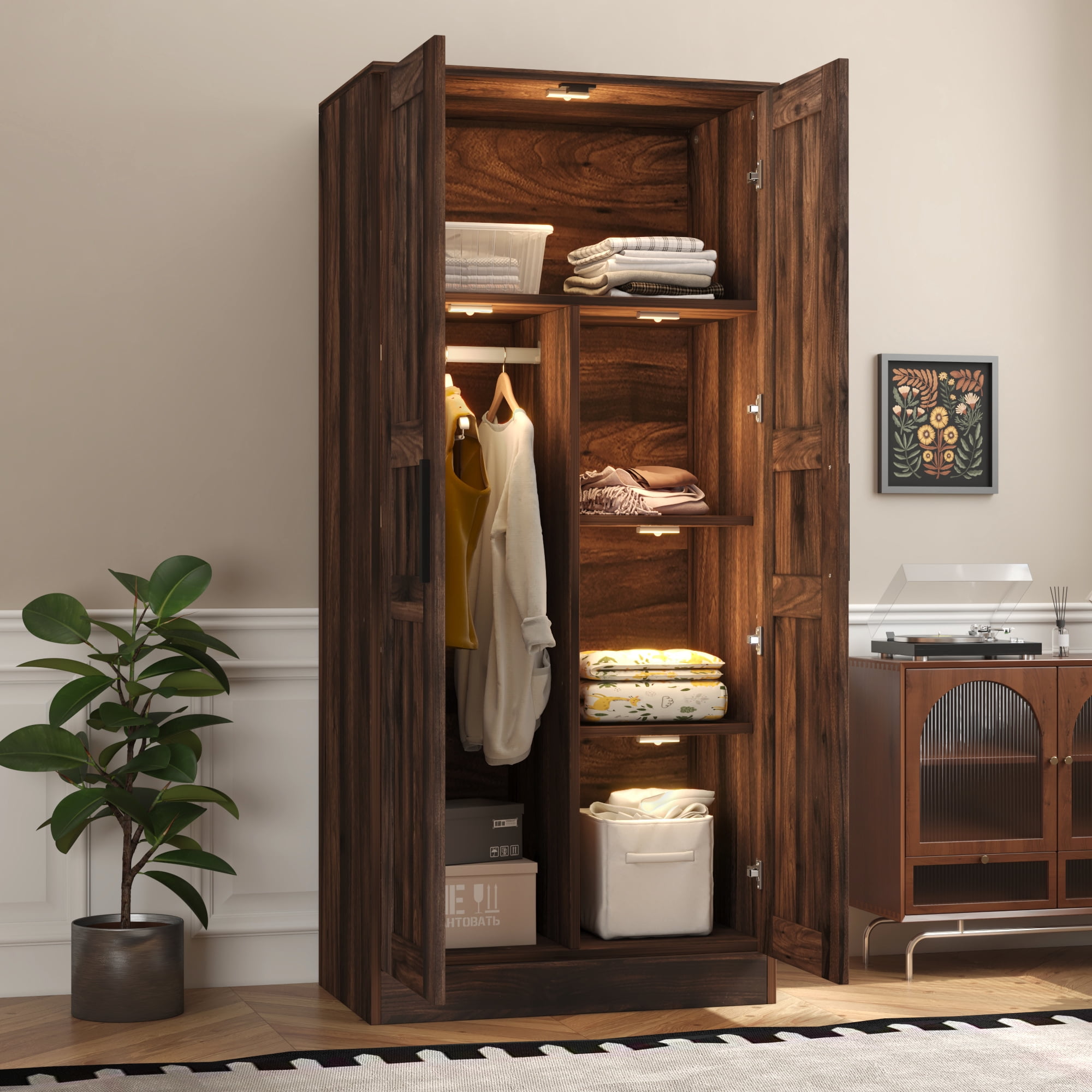 Euroco Modern 68.9" Armoire Wadrobe, 2 Door Bedroom Armoire with LED ...