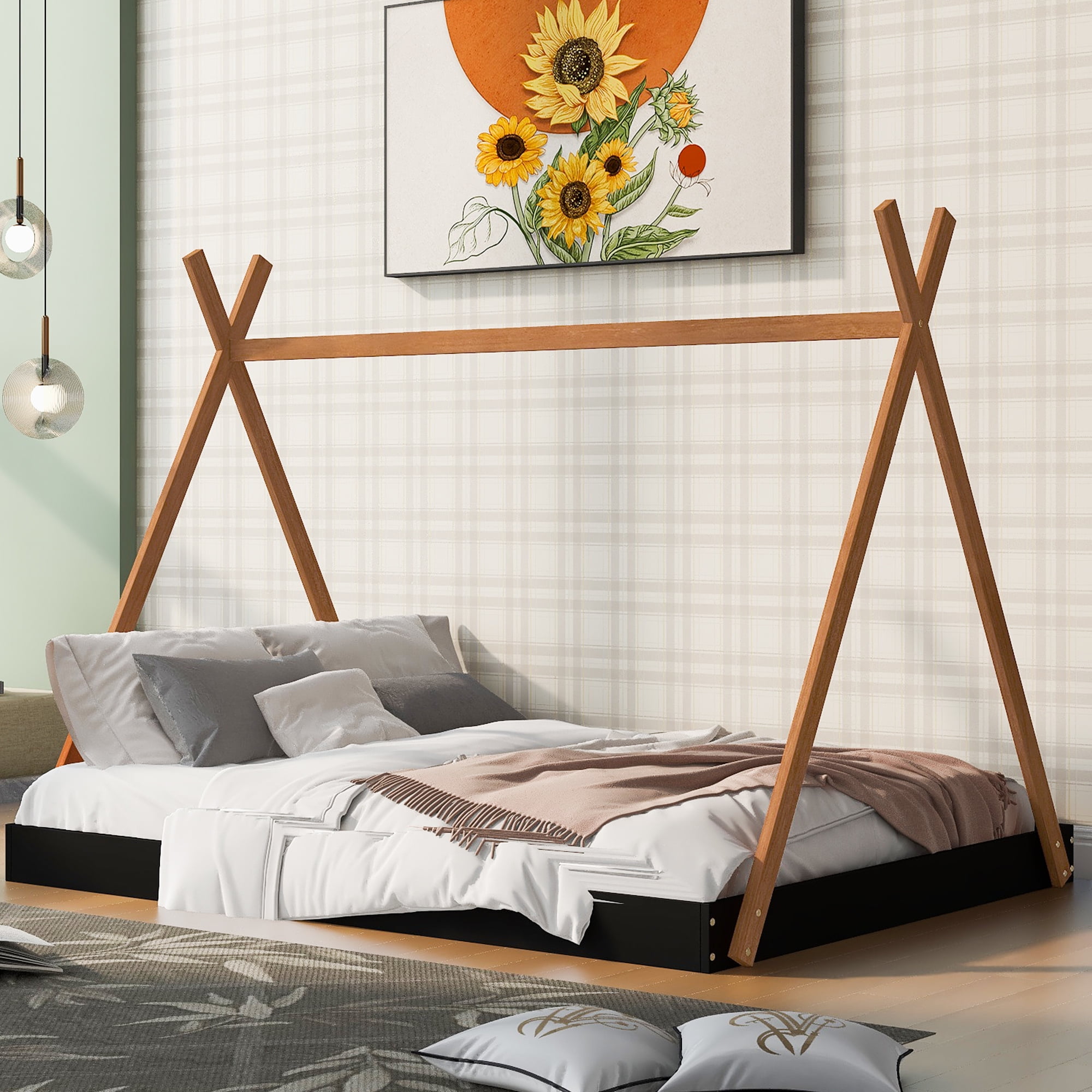 Euroco Modern Wood Full Size Tent Floor Bed, x-Shaped House Bed for ...