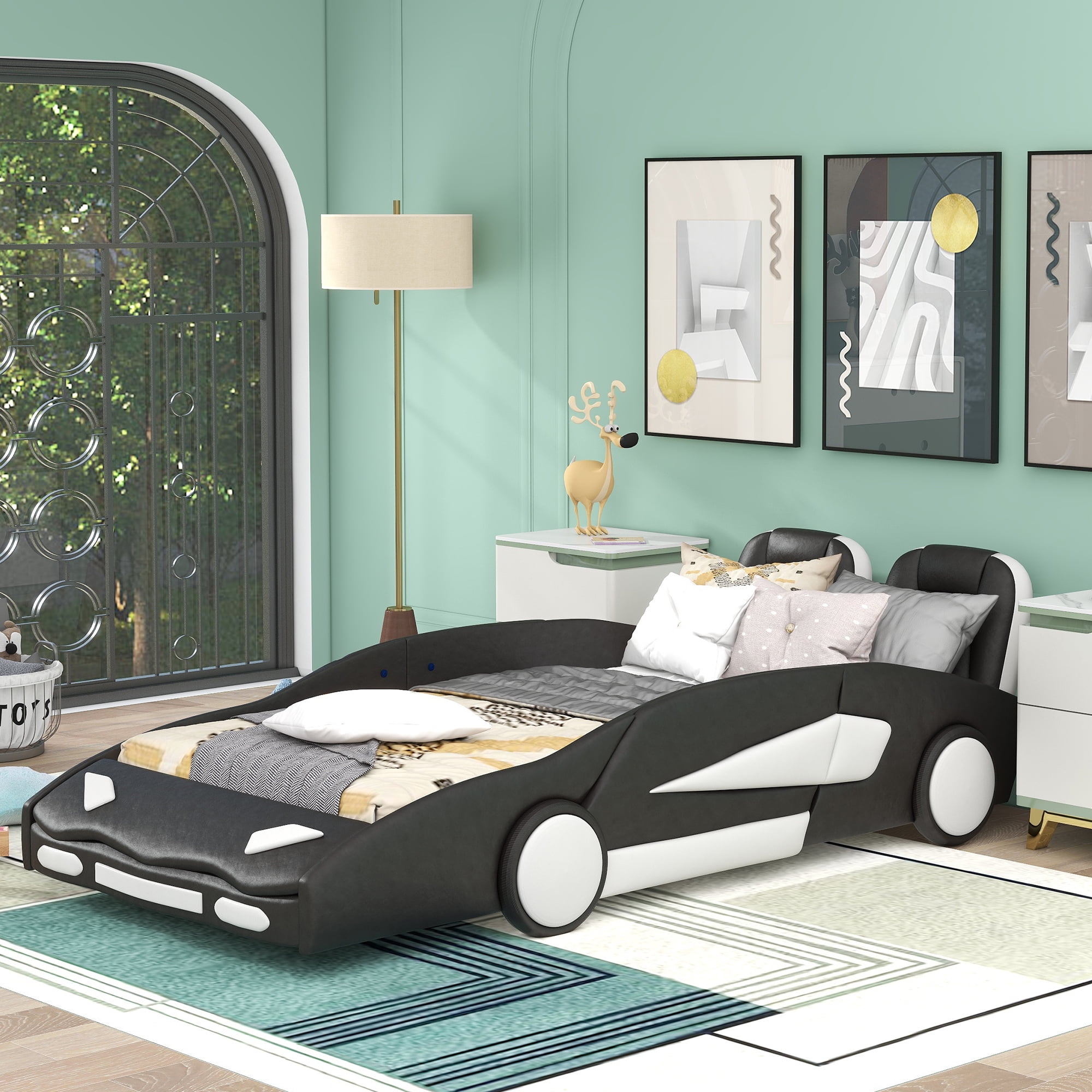 Euroco Modern Wood Race Car-Shaped Twin Bed for Children's Bedroom, PU ...