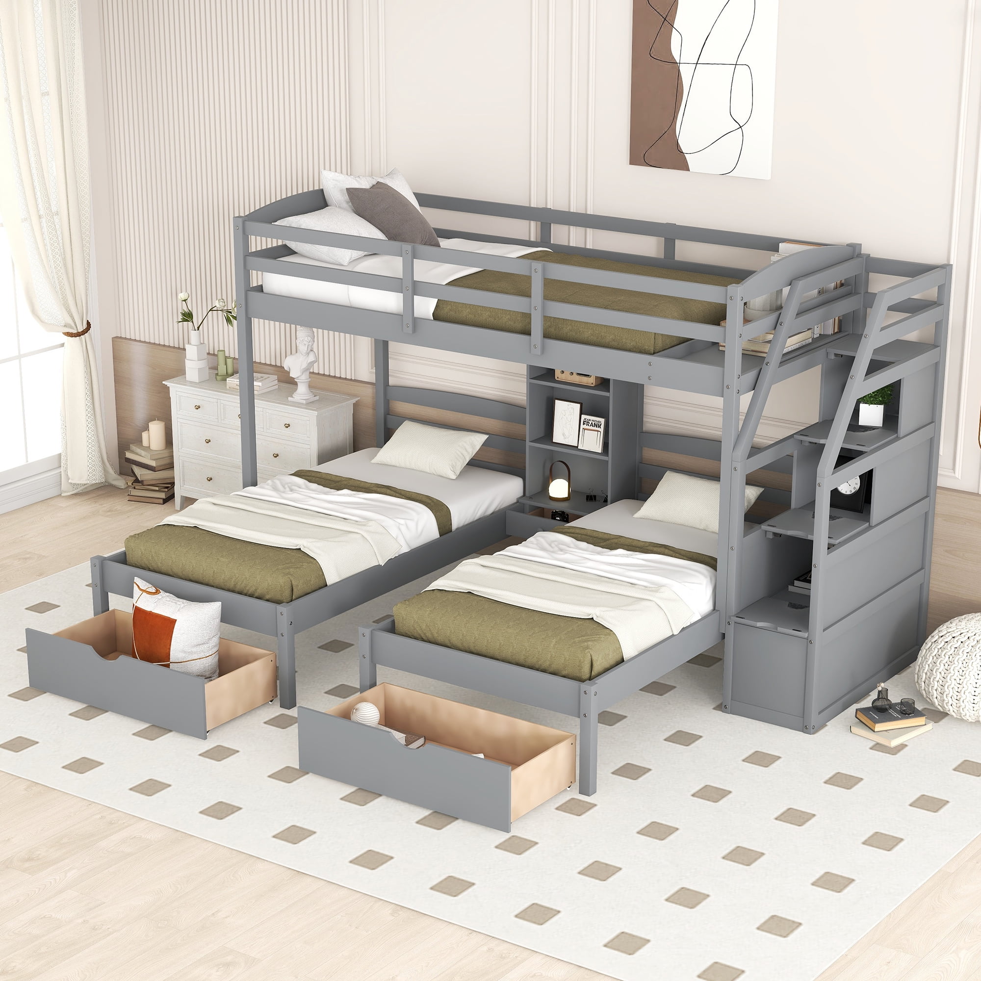 Euroco Modern Wood Twin Size 3 in 1 Bunk Bed, Built-in Shelf and 2 ...