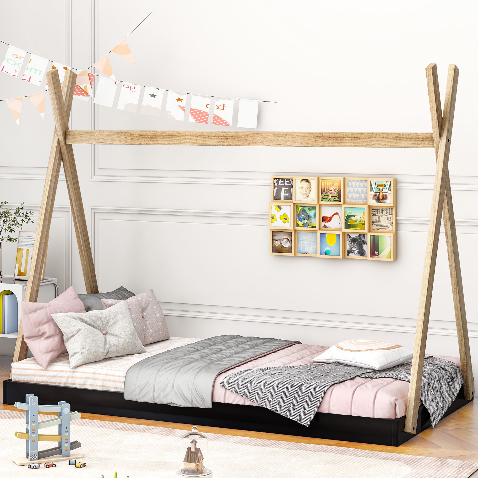 Euroco Modern Wood Twin Size Tent Floor Bed, x-Shaped House Platform ...