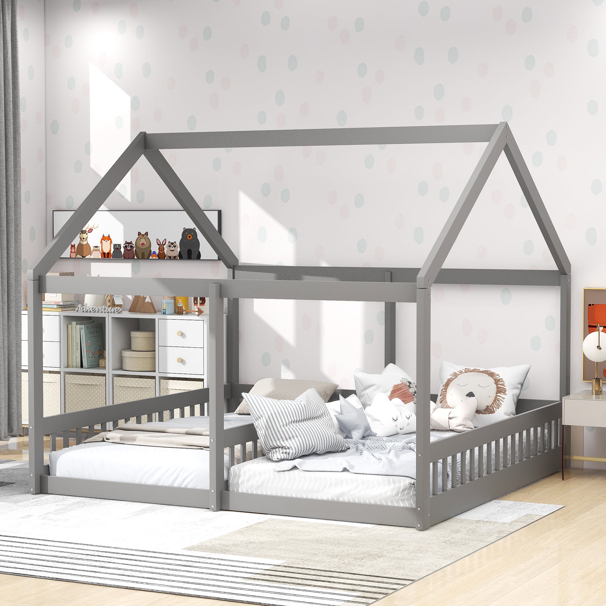 Euroco Modern Wood Two Beds in One Canopy Platform Bed, 2-in-1 Twin ...