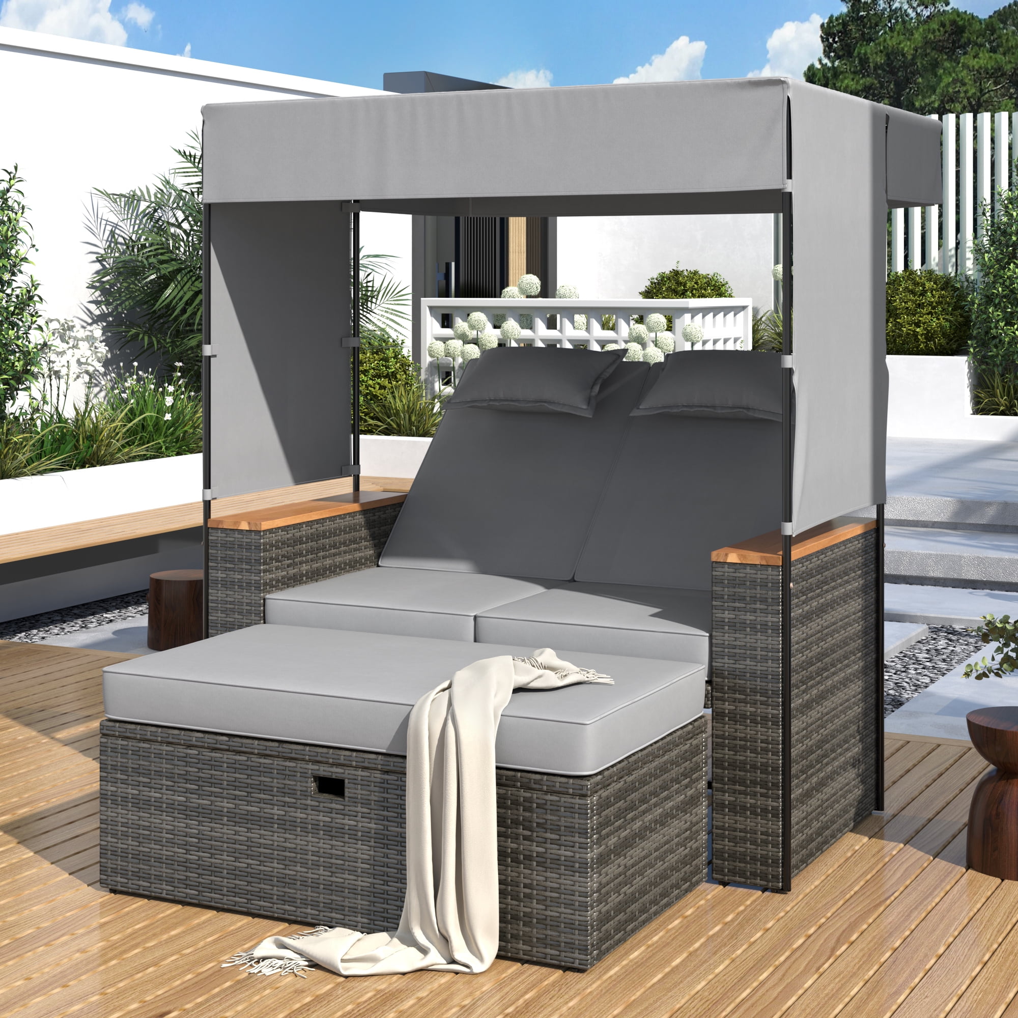 Euroco Outdoor Rattan Daybed with Adjustable Canopy and Backrest ...