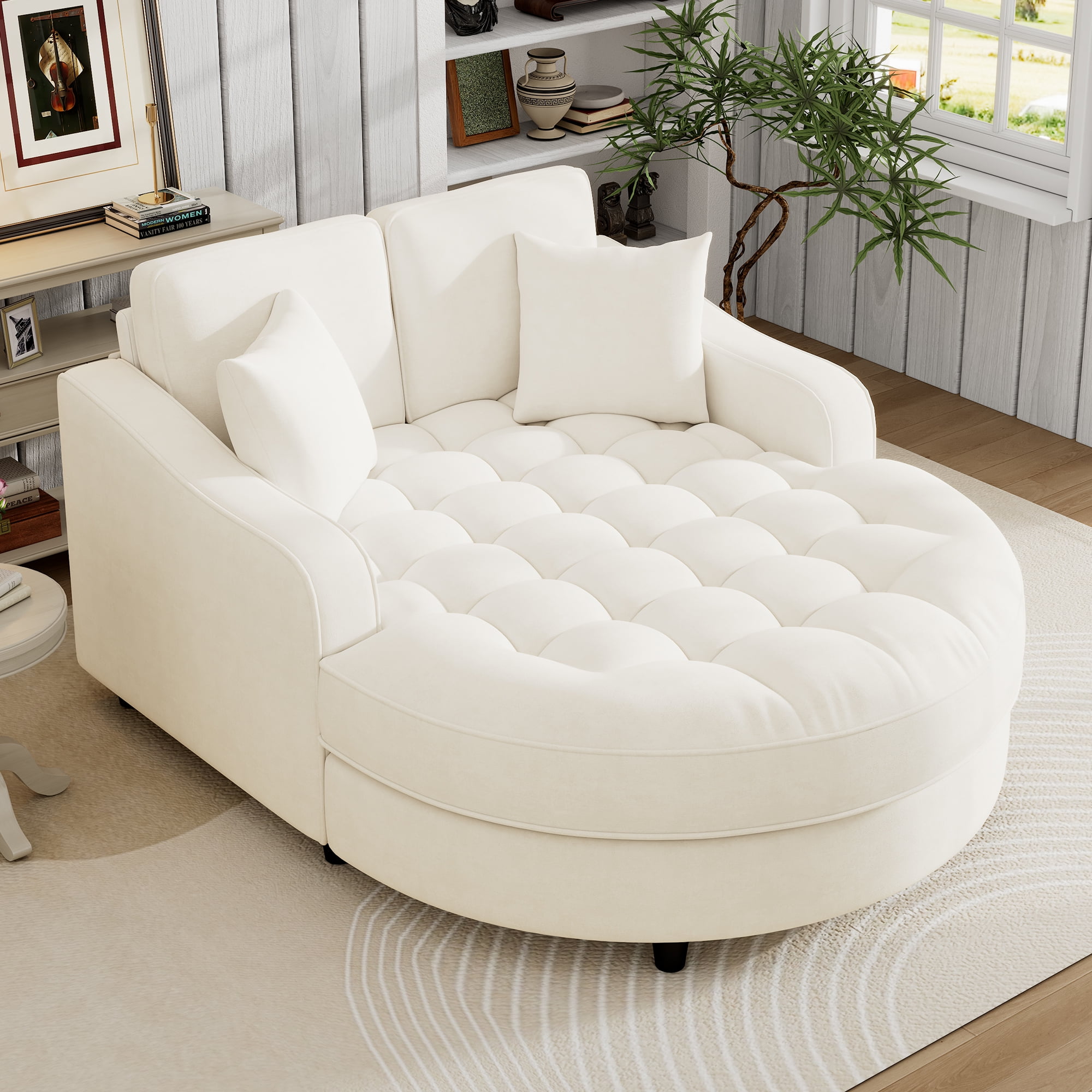 Euroco Oversized Round Chenille Chaise Lounge with Tufted Seat ...