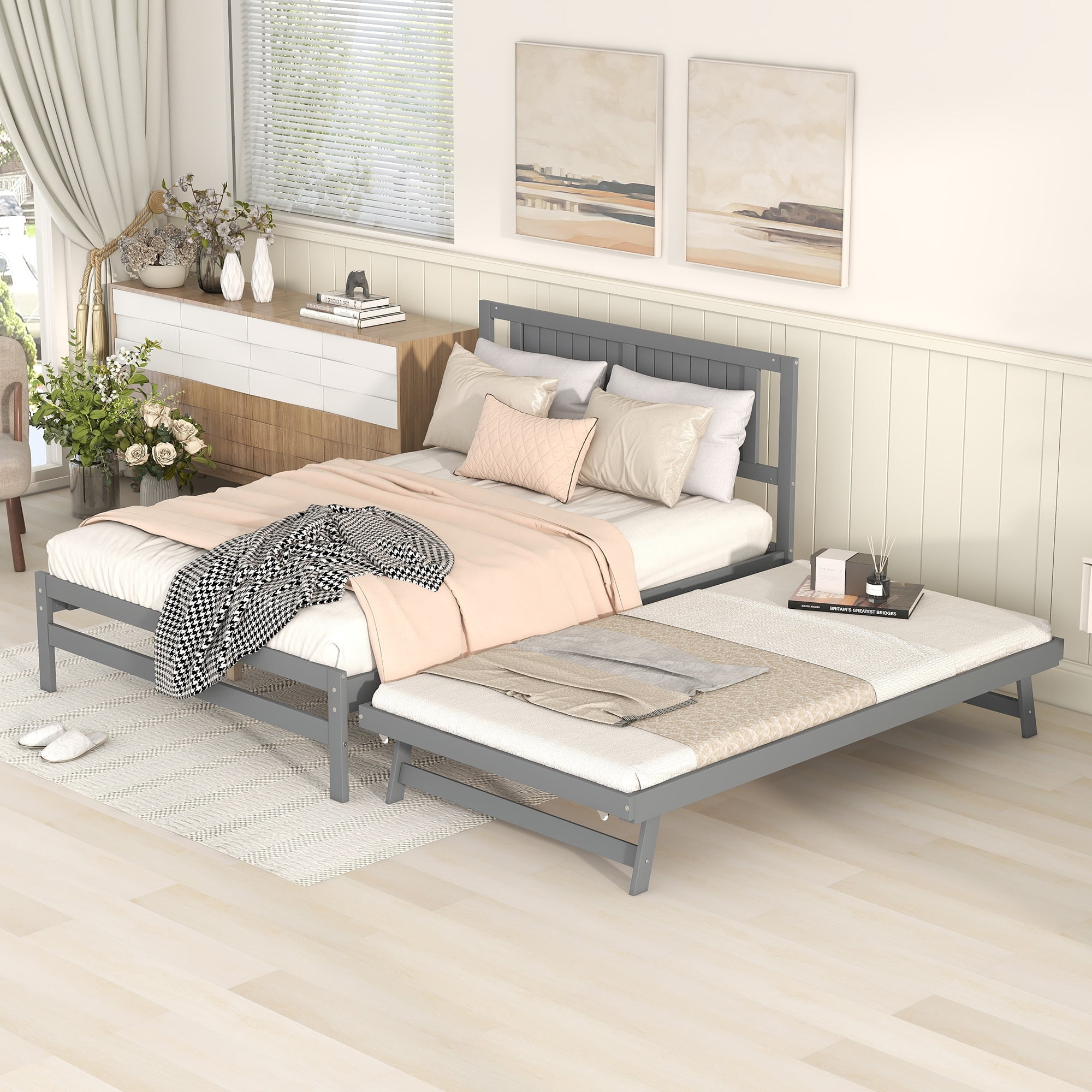 Euroco Pine Wood Full Bed with Trundle, Convertible Beds for Kids Teens ...