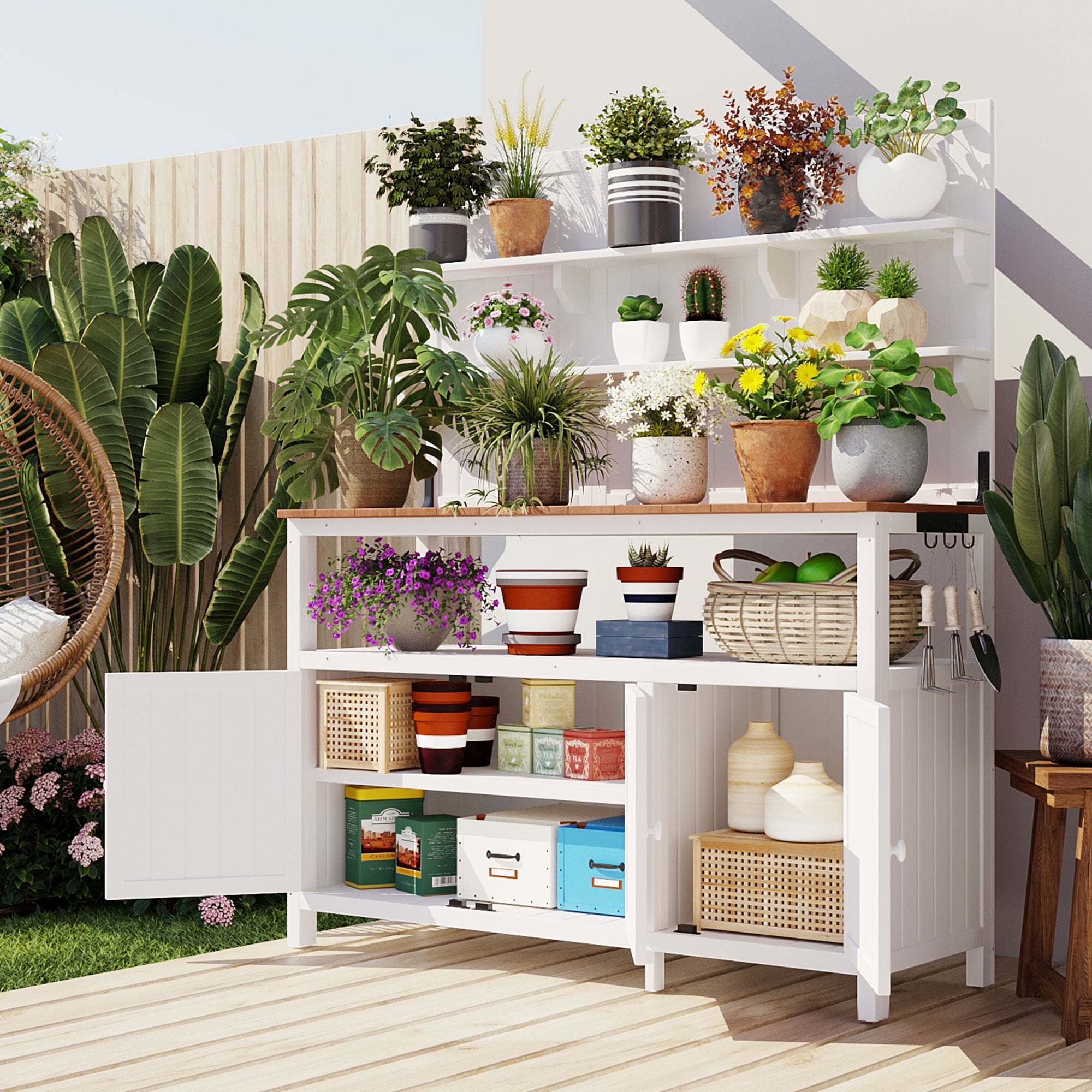 Euroco Potting Bench with Hutch, 50.2" Solid Fir Wood Garden ...