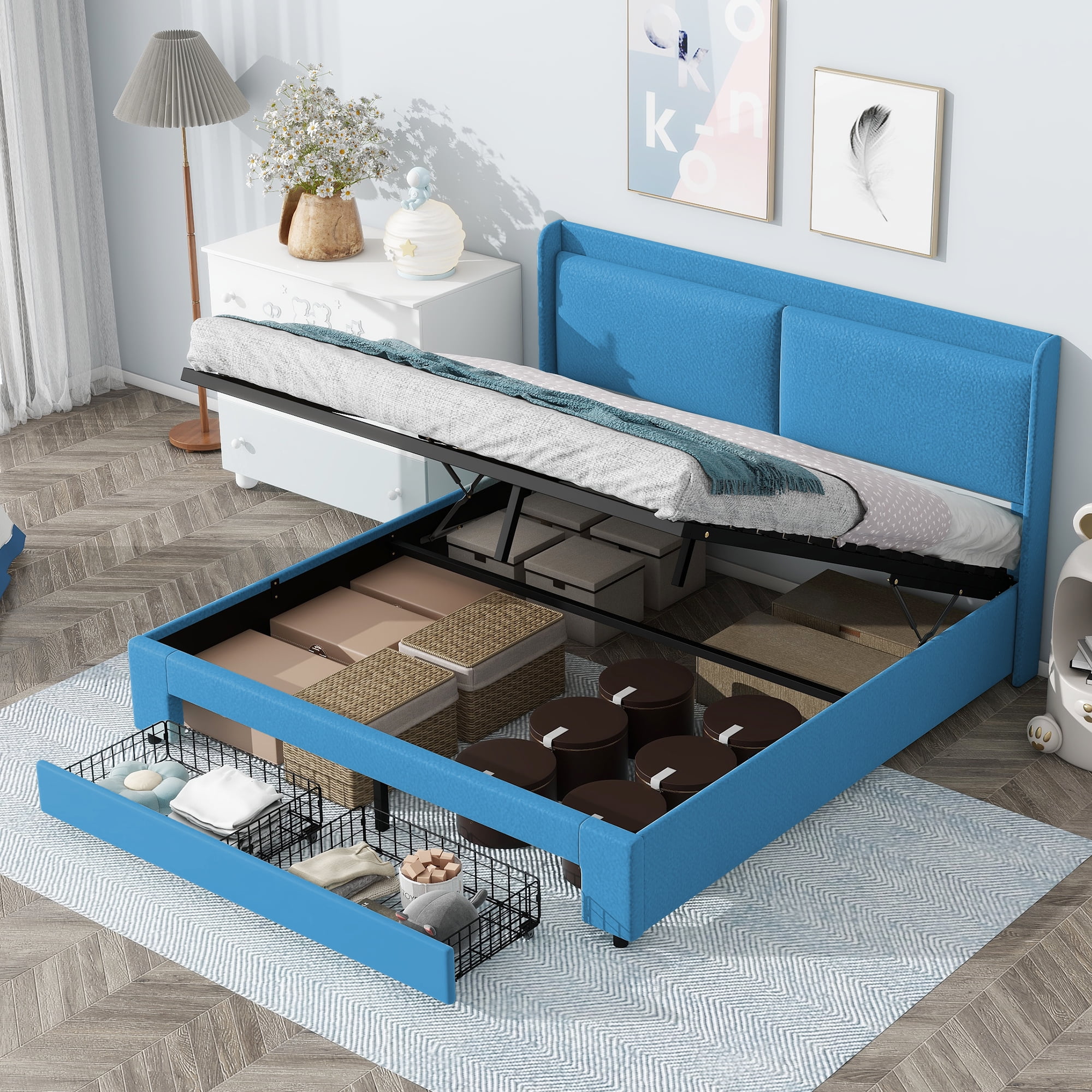 Euroco Queen Size Lift Up Storage Bed, Upholstery Platform Bed Frame ...
