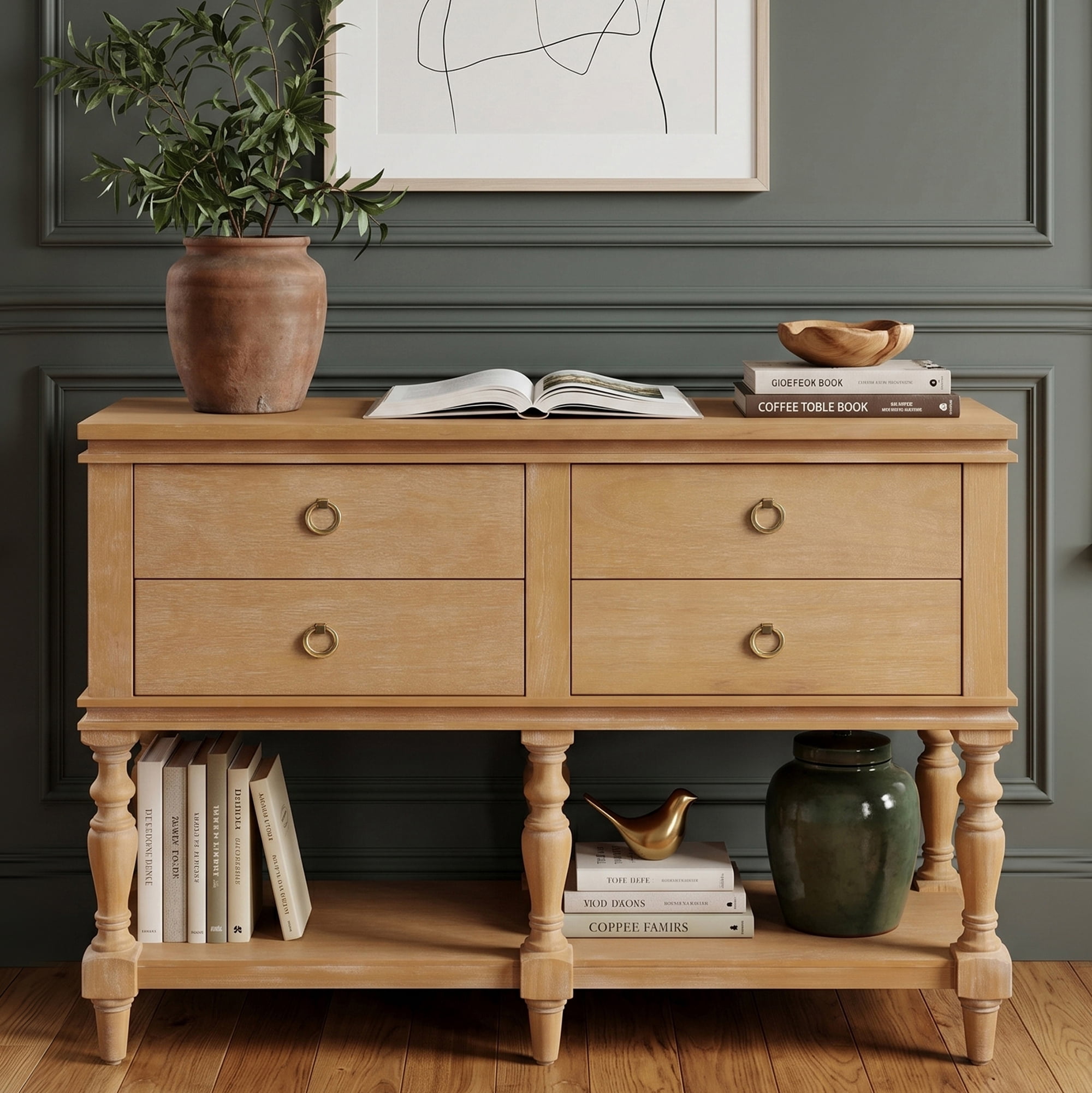 Euroco Retro Console Table with 4 Drawers, Solid Wood Entryway Table ...