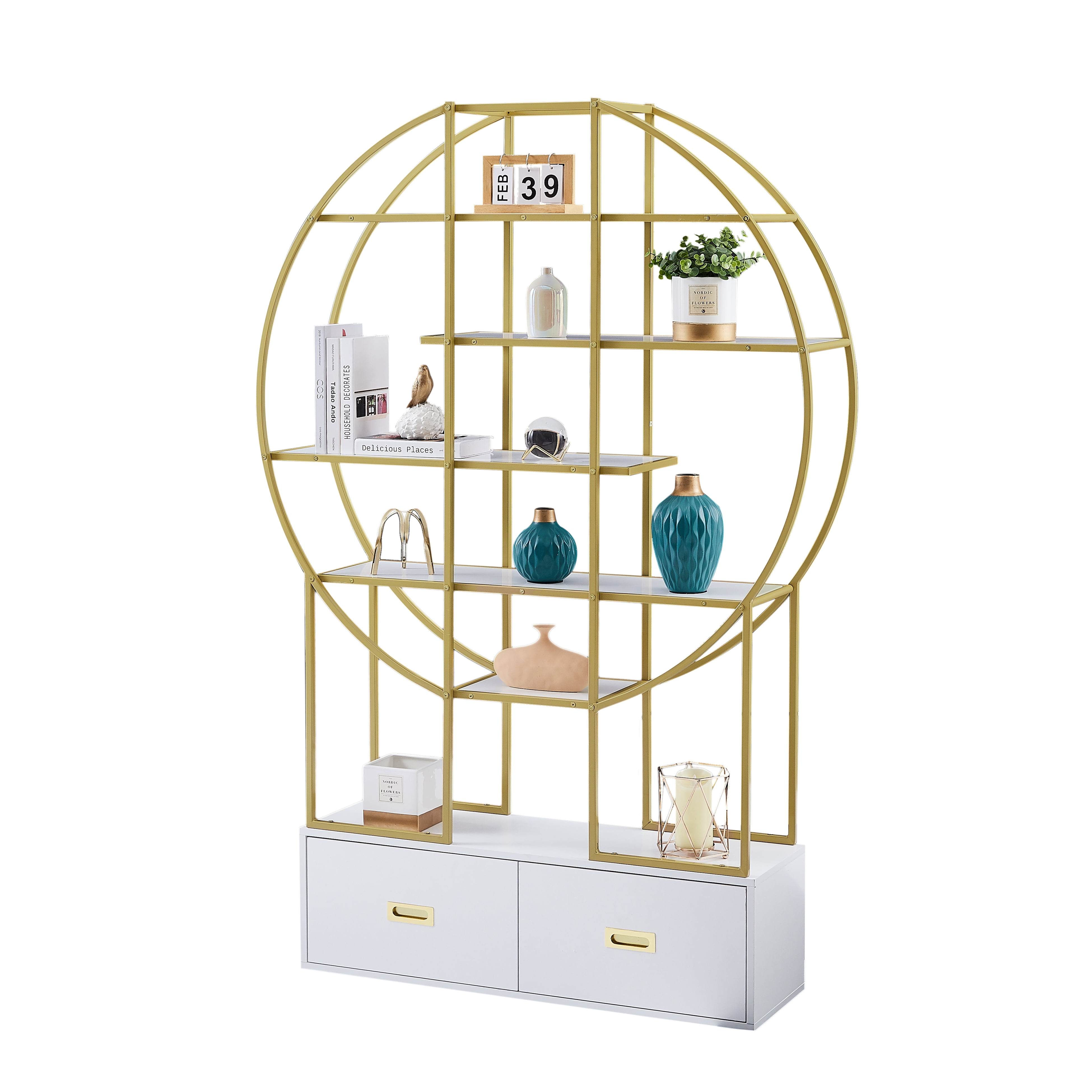 Free Shipping! Euroco Modern Round Bookshelf with Drawers, Gold Frame ...