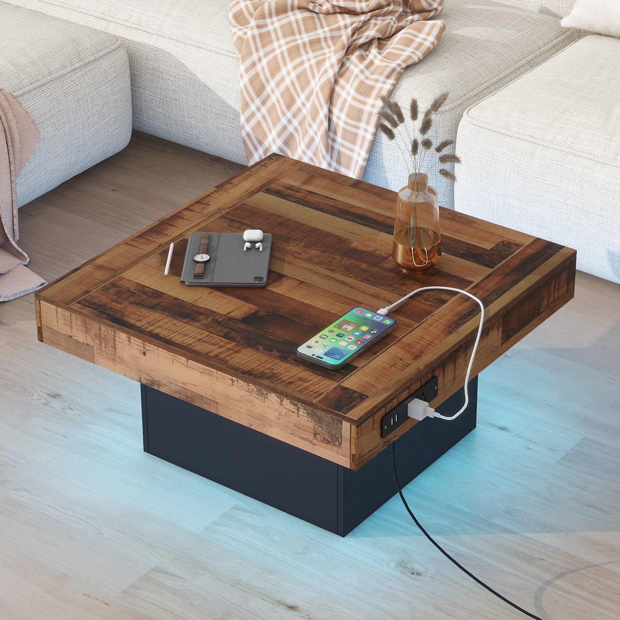 Euroco Rustic Coffee Table with LED Lights, AC Outlets & USB Ports ...