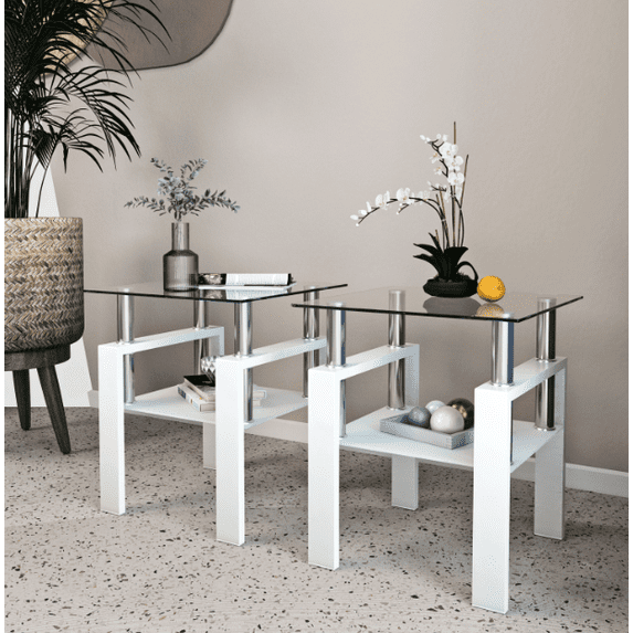 Euroco Set of 2, Modern Tempered Glass Tea Table Coffee Table End Table ...
