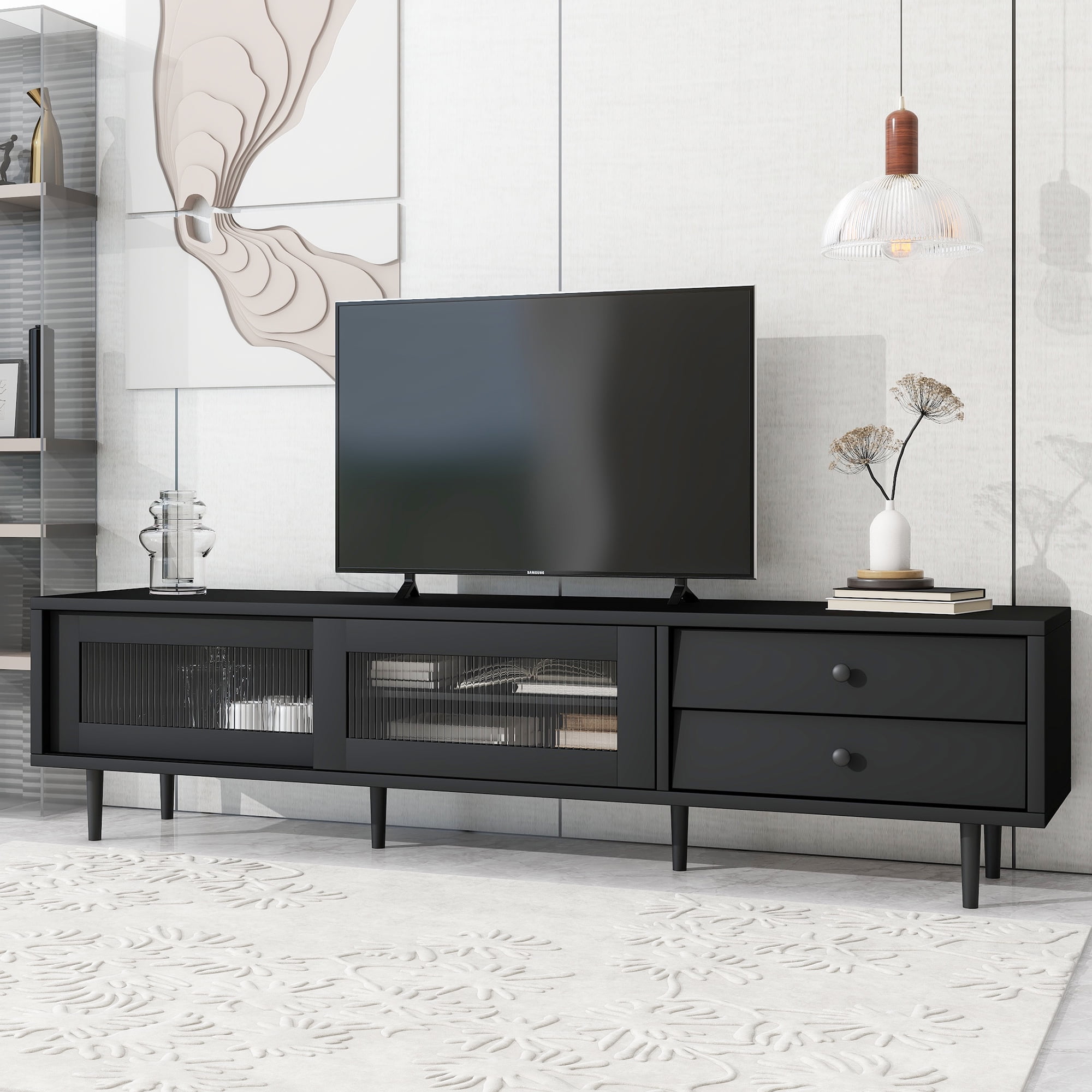 Euroco TV Stand for 75 inch Media Console with Sliding Glass Doors ...
