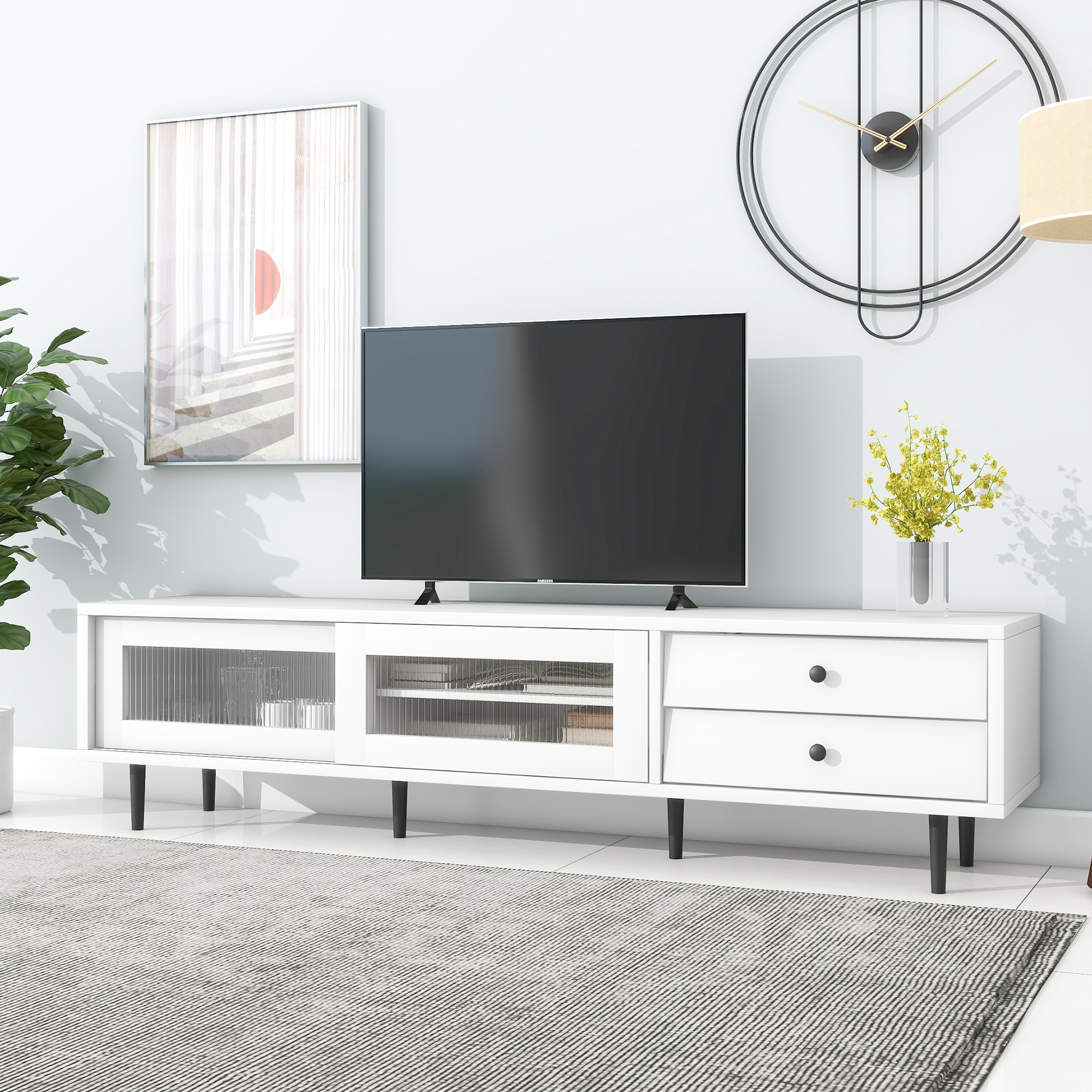 Euroco TV Stand for 75 inch Media Console with Sliding Glass Doors ...