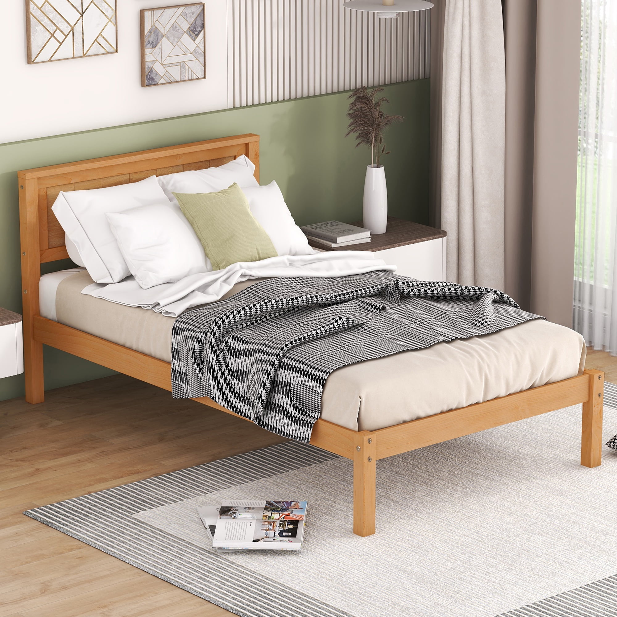 Euroco Twin Platform Bed, Modern Wood Frame Bed with Headboard and ...
