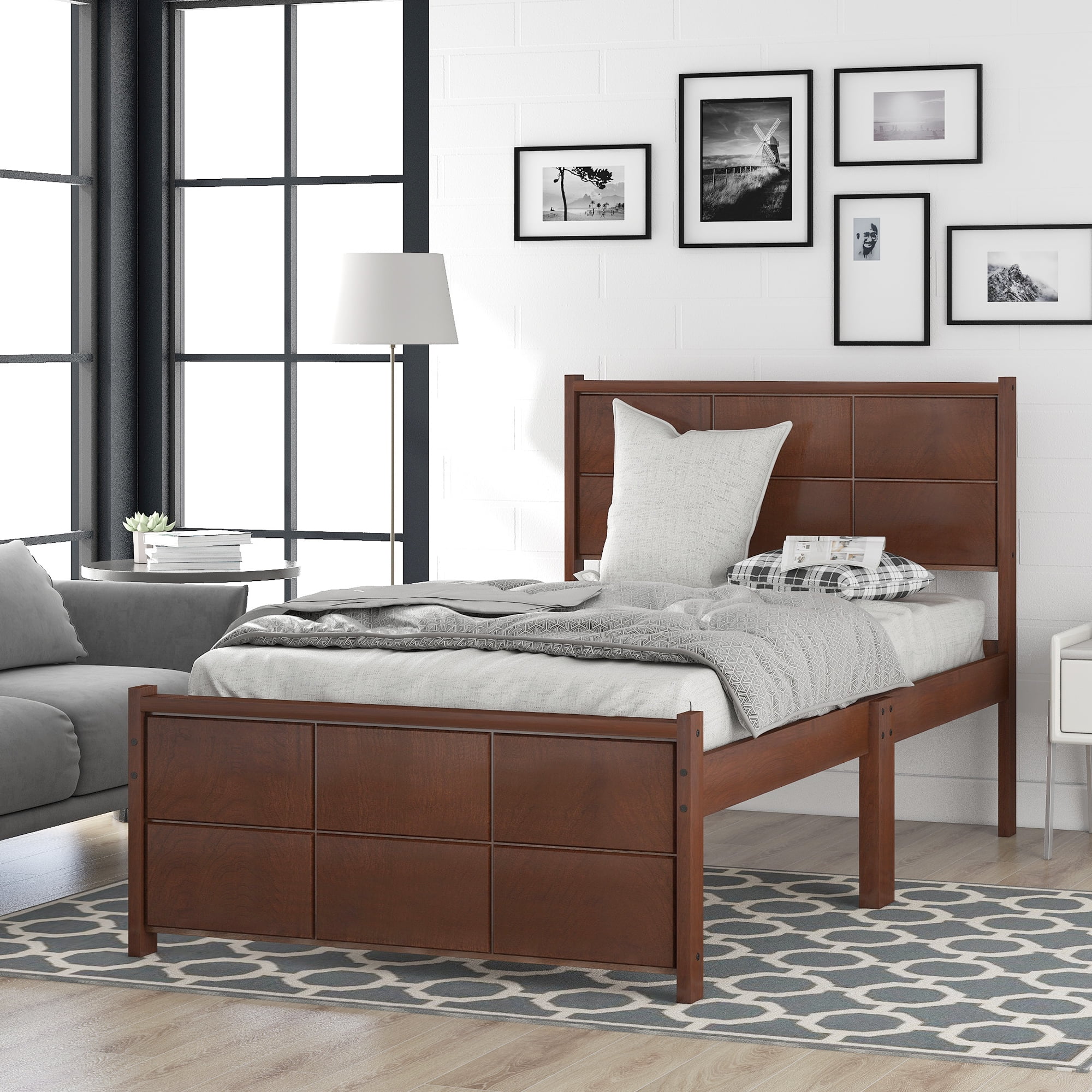 Euroco Twin Platform Bed Wood Frame With Headboard And Footboard Brown