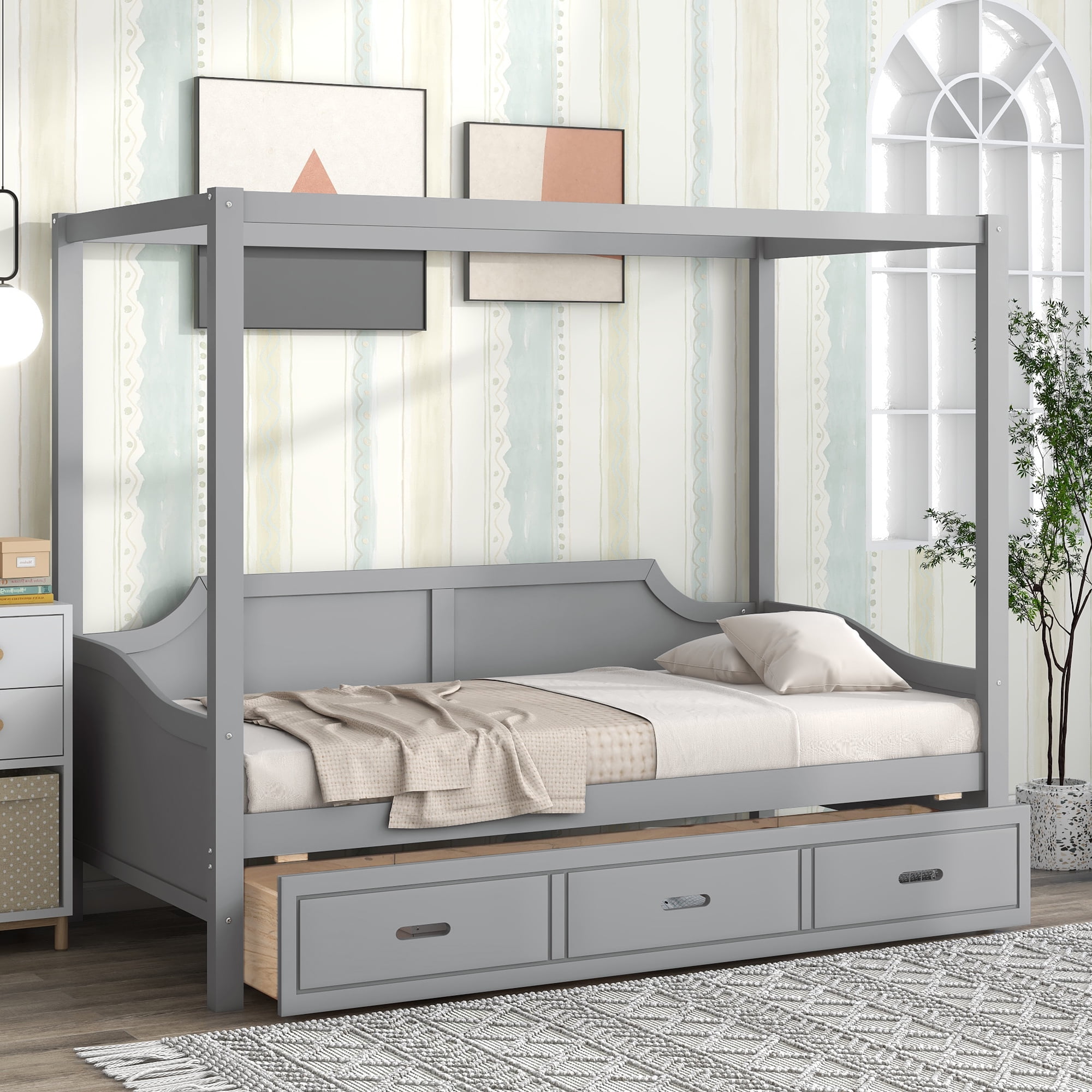 Euroco Twin Size Canopy Daybed with Drawer and Slats for Kids Teens ...