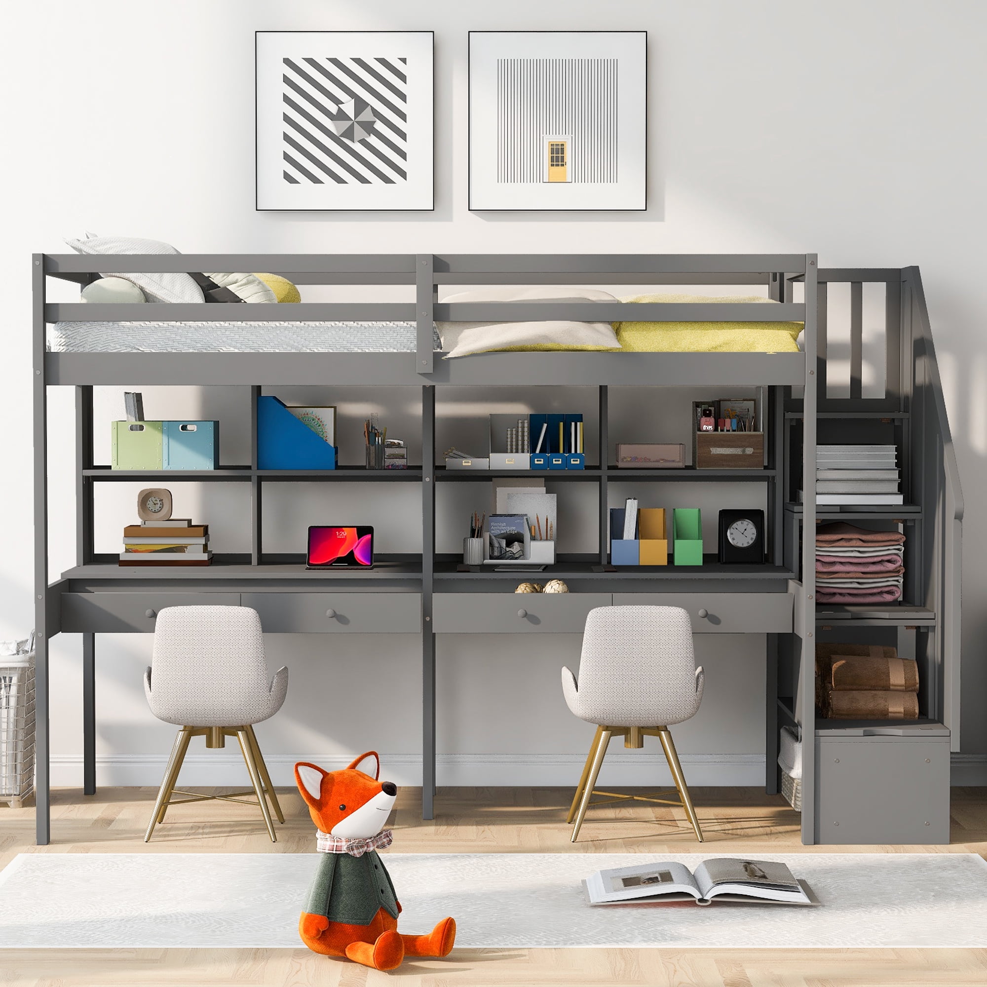 Euroco Twin Size Loft Bed with 2 Desks and Shelves, Storage Staircase ...