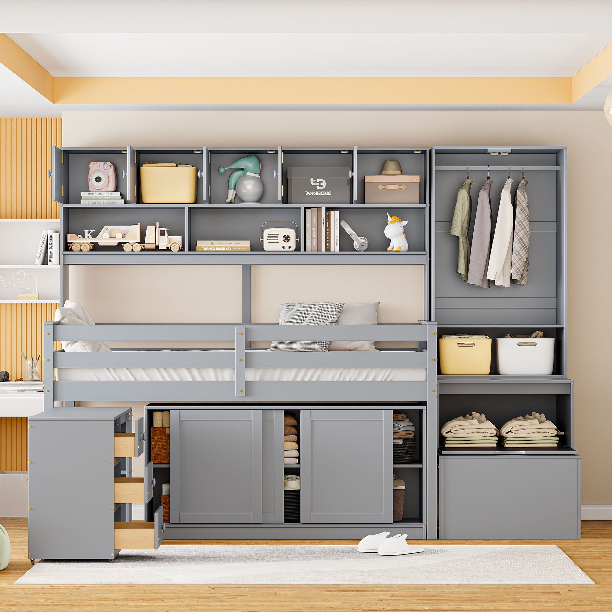 Euroco Twin Loft Bed with Wardrobe, Storage Shelf and Cabinet,Movable ...