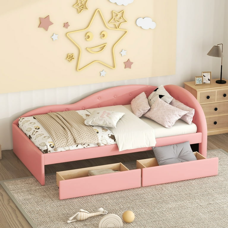 Euroco Twin Size PU Upholstery Daybed Tufted Sofa Bed with 2 Drawers for Kids Room Pink Walmart