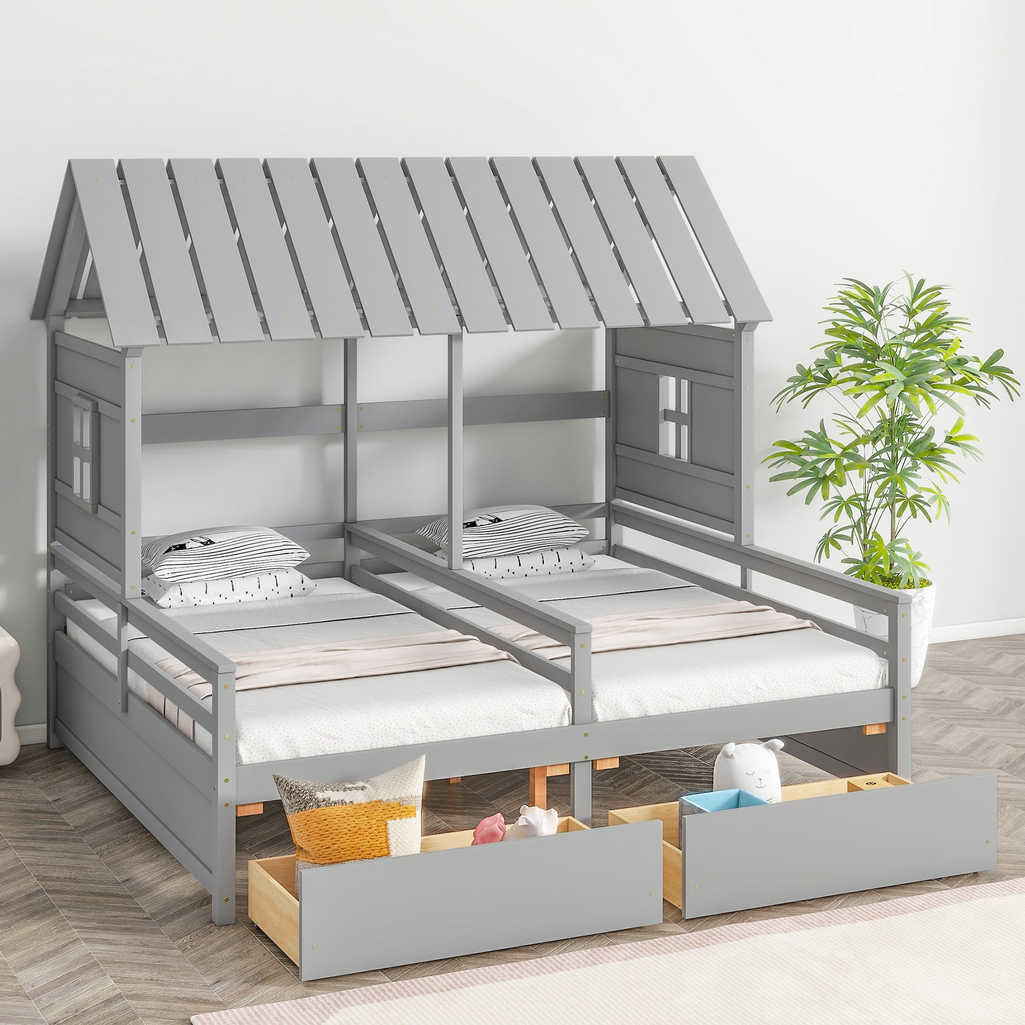 Twin Wood House Double Platform Beds with for Kids, Gray - Walmart.com