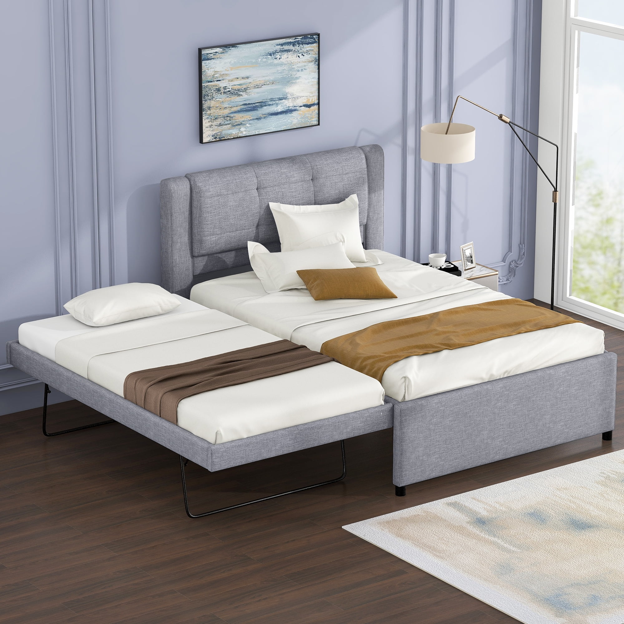 Euroco Upholstered Full Size Platform Bed with Pop-up Twin Trundle for ...