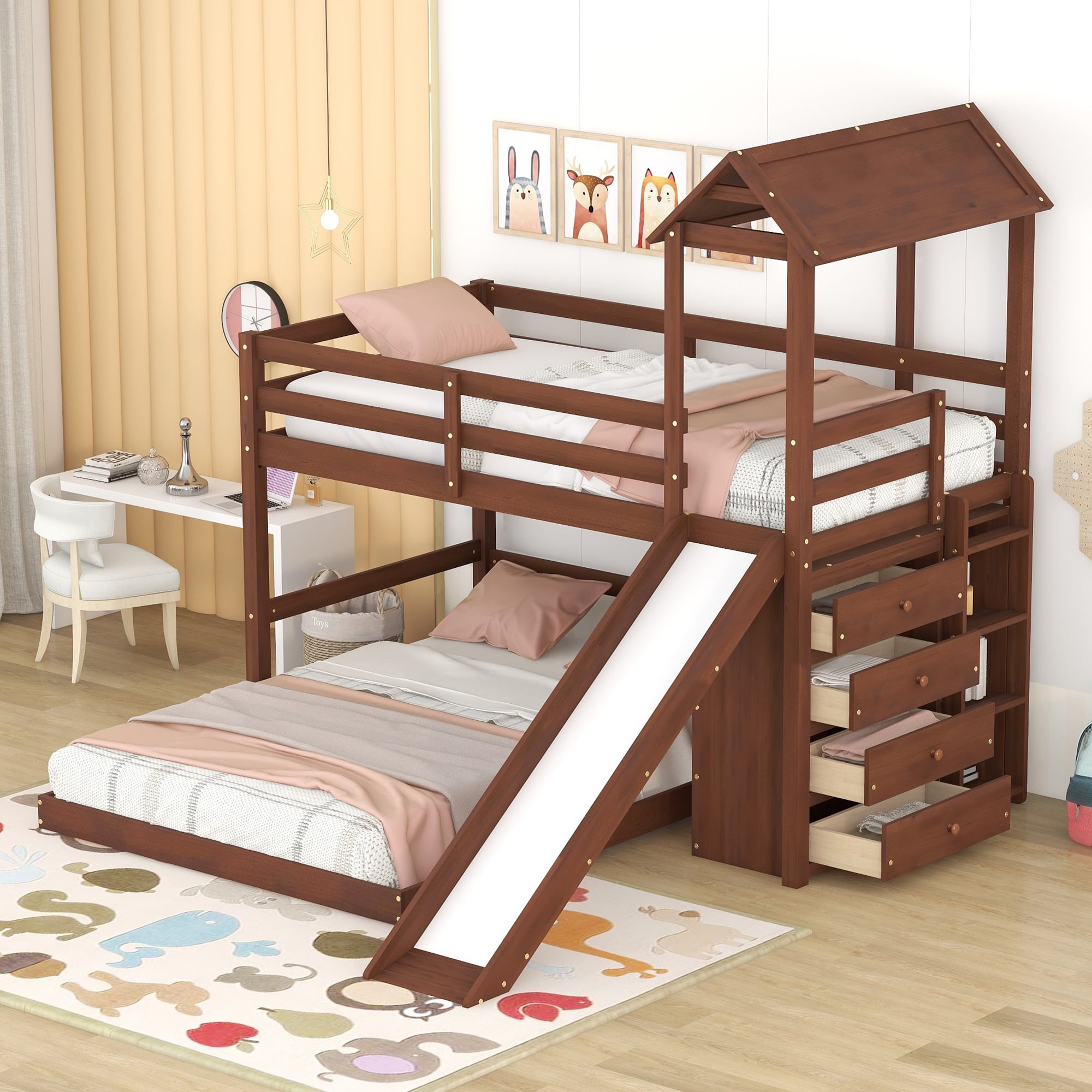 Euroco Twin over Full House Bunk Bed with Slide and Functional Cabinet ...
