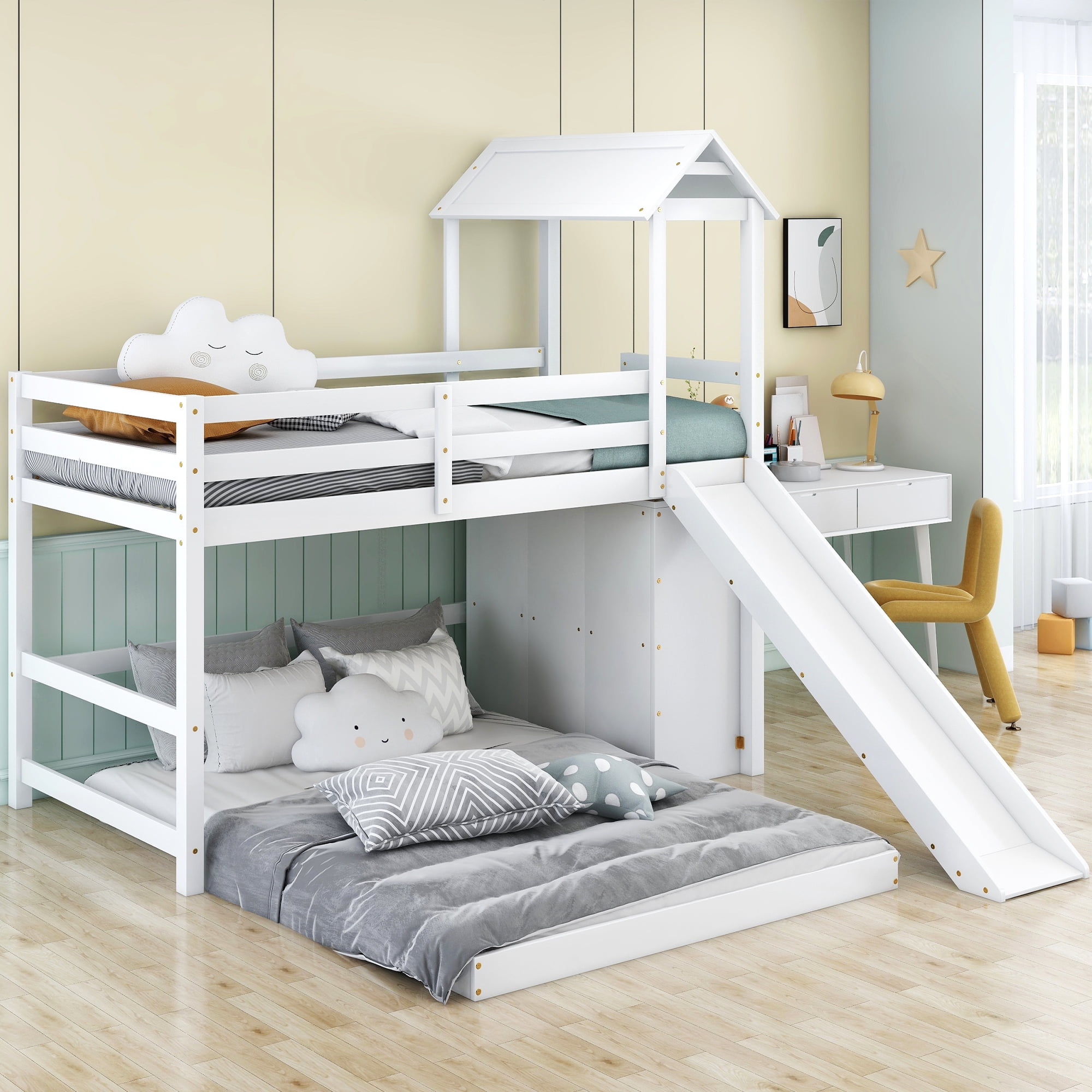 Free Shipping! Euroco Twin over Full House Bunk Bed with Slide and ...