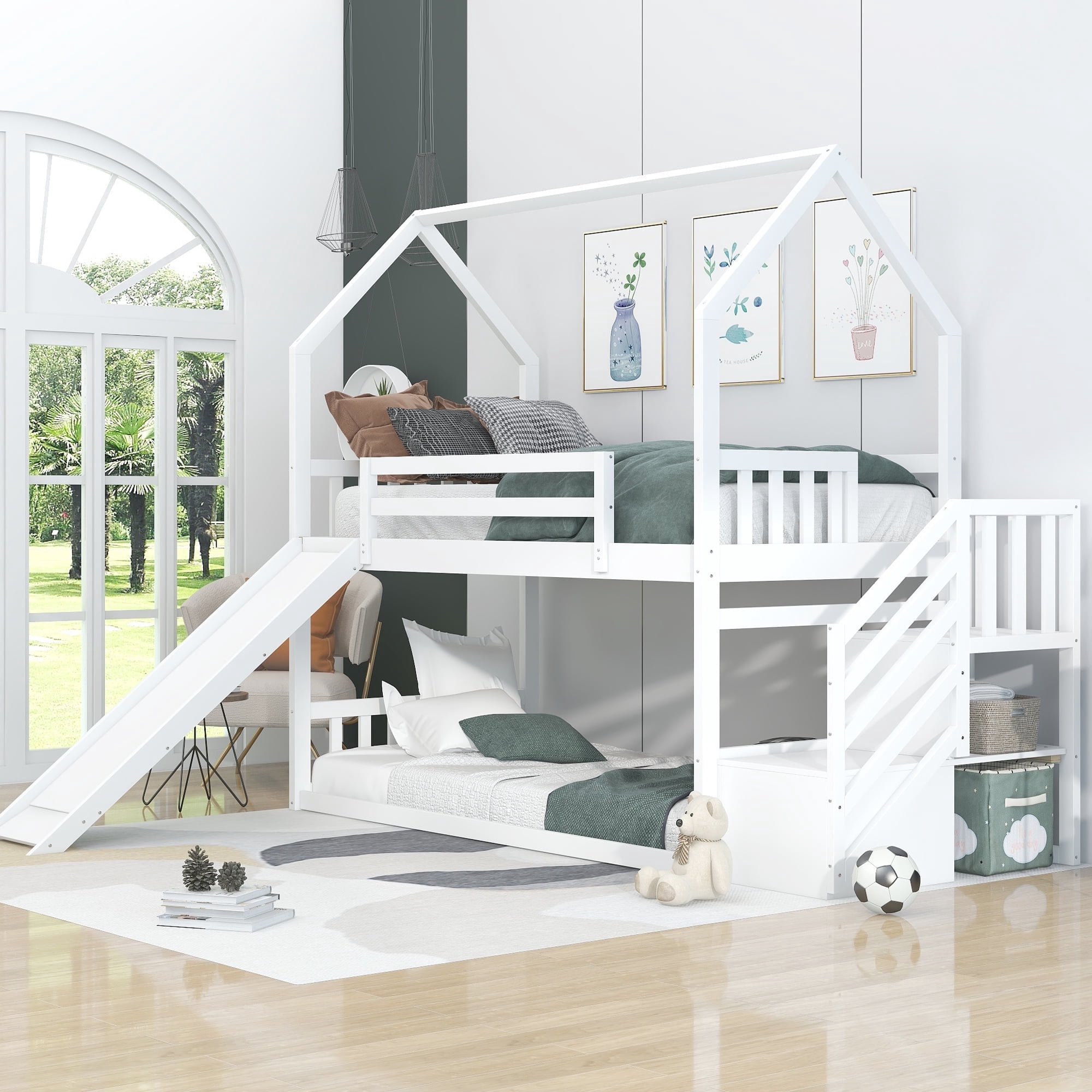 Euroco Twin over Twin Bunk Bed with Slide for Bedroom, Wood House Bed ...