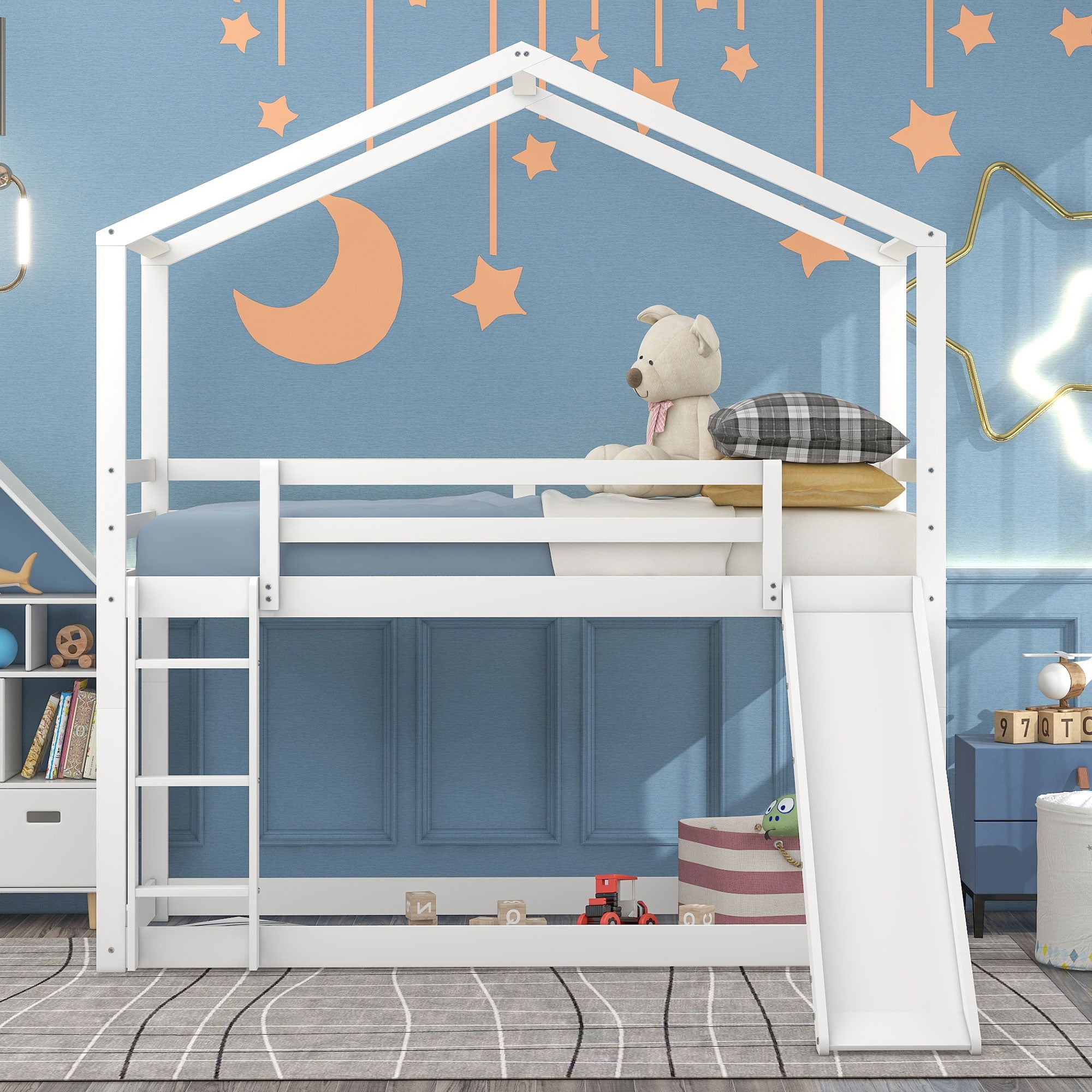 Euroco Twin over Twin House Bunk Bed with Slide, Convertible 2 Beds in ...