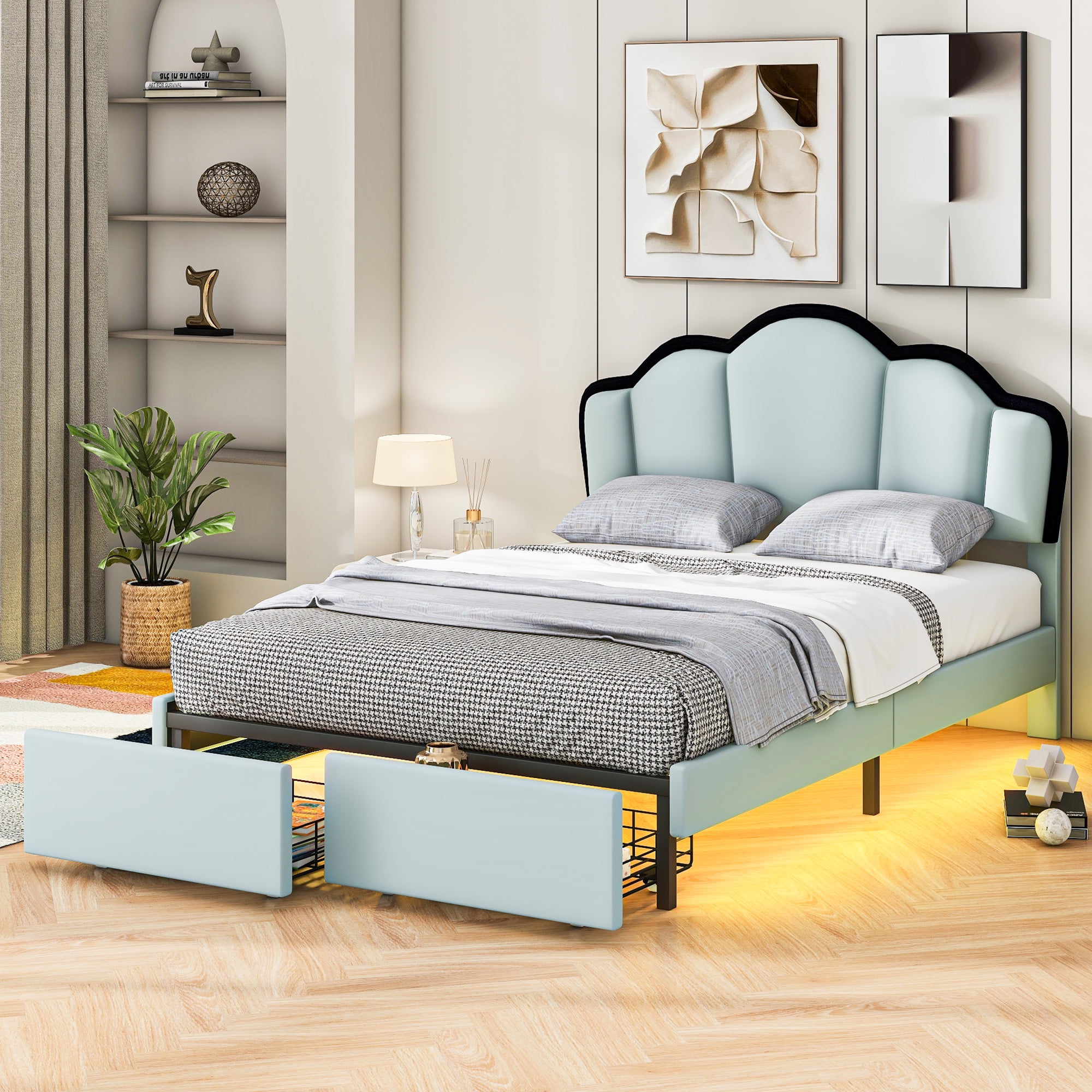 Euroco Upholstered Full Platform Bed with 2 Drawers and LED Light for Kids Living Room Blue