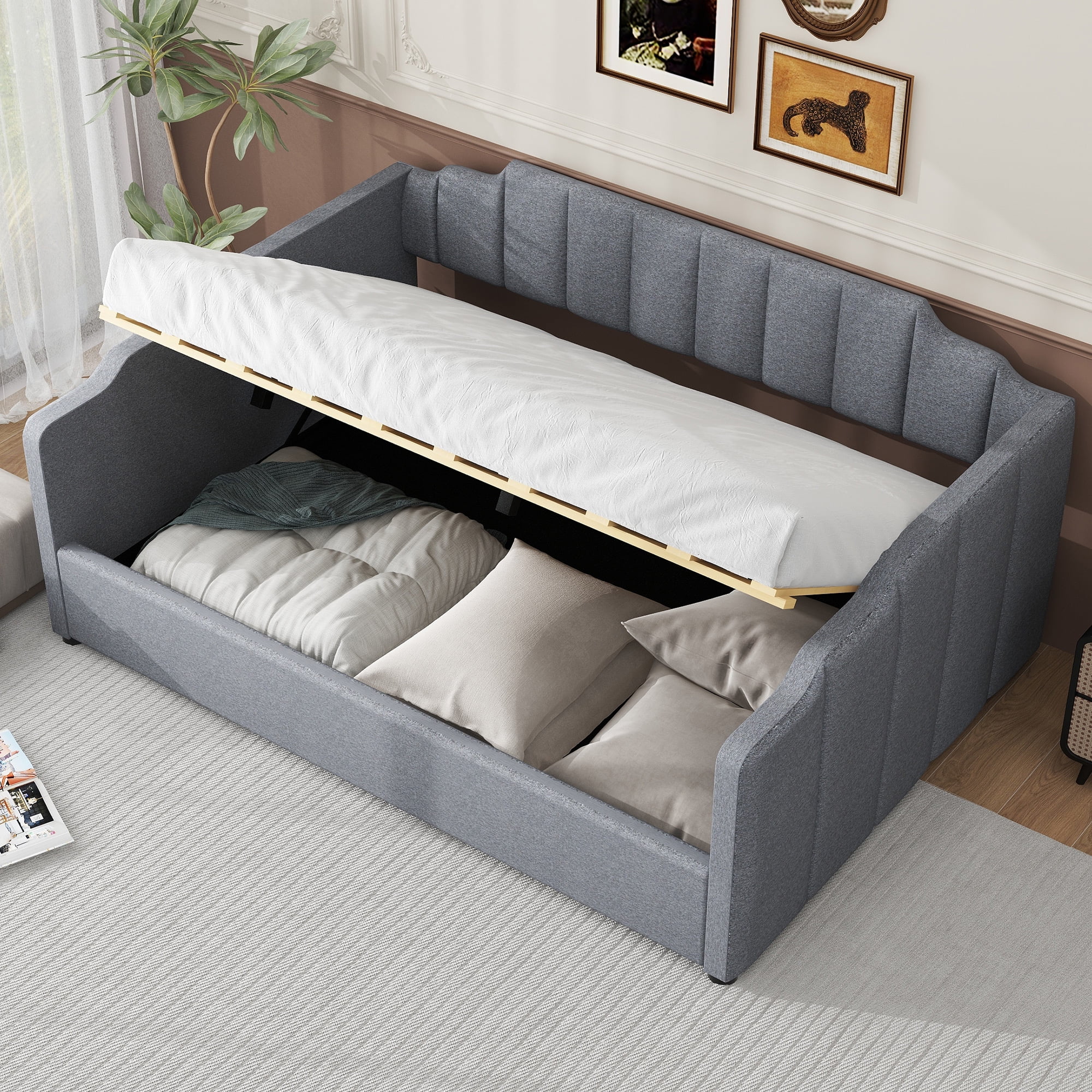 Euroco Upholstered Full Size Daybed, Lift up Storage Bed for Kids Teens ...