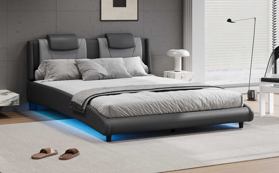 Euroco Upholstered Full Size Platform Bed with Adjustable Headboard ...