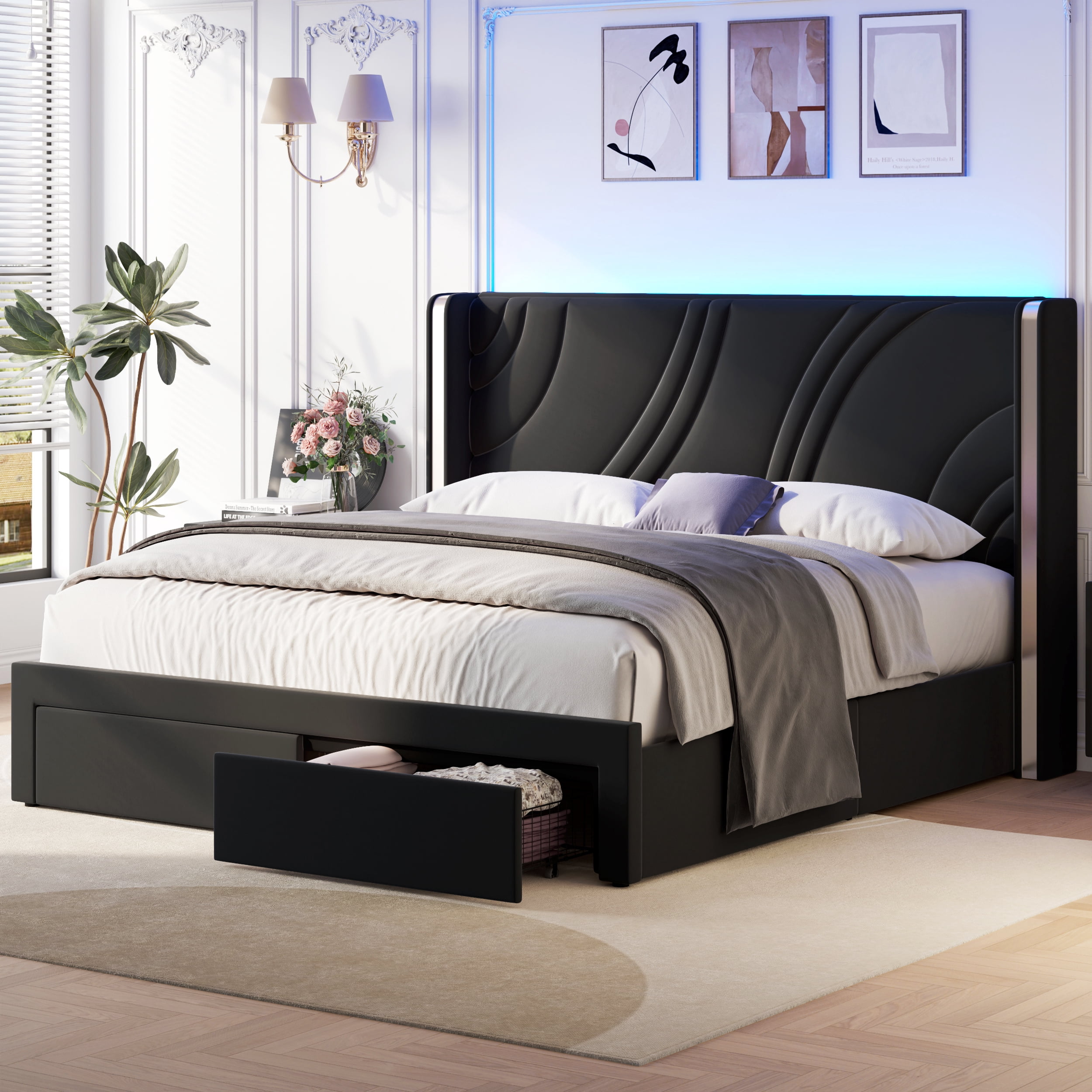 Euroco Upholstered Full Size Platform Bed with Drawers, Velvet Bed with ...