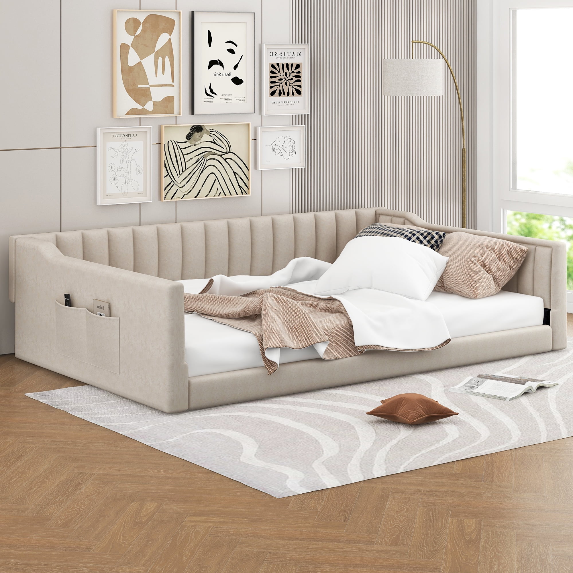 Euroco Upholstered Full XL Daybed, Sofa Bed with Storage Pocket, Beige ...