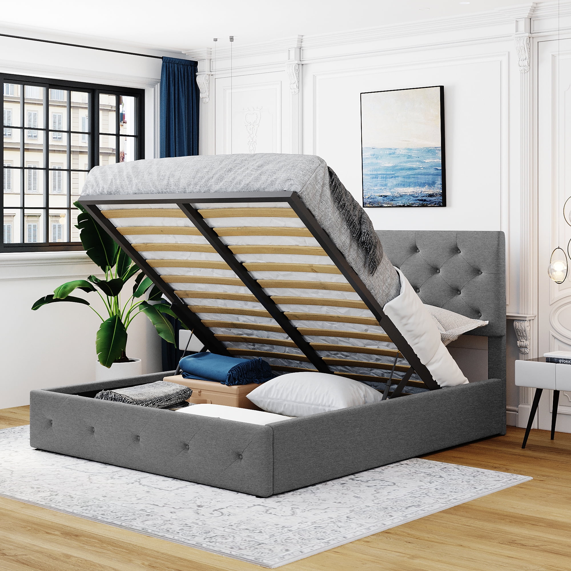 Euroco Upholstered Queen Bed - Lift Storage Platform - Gray - Walmart.com