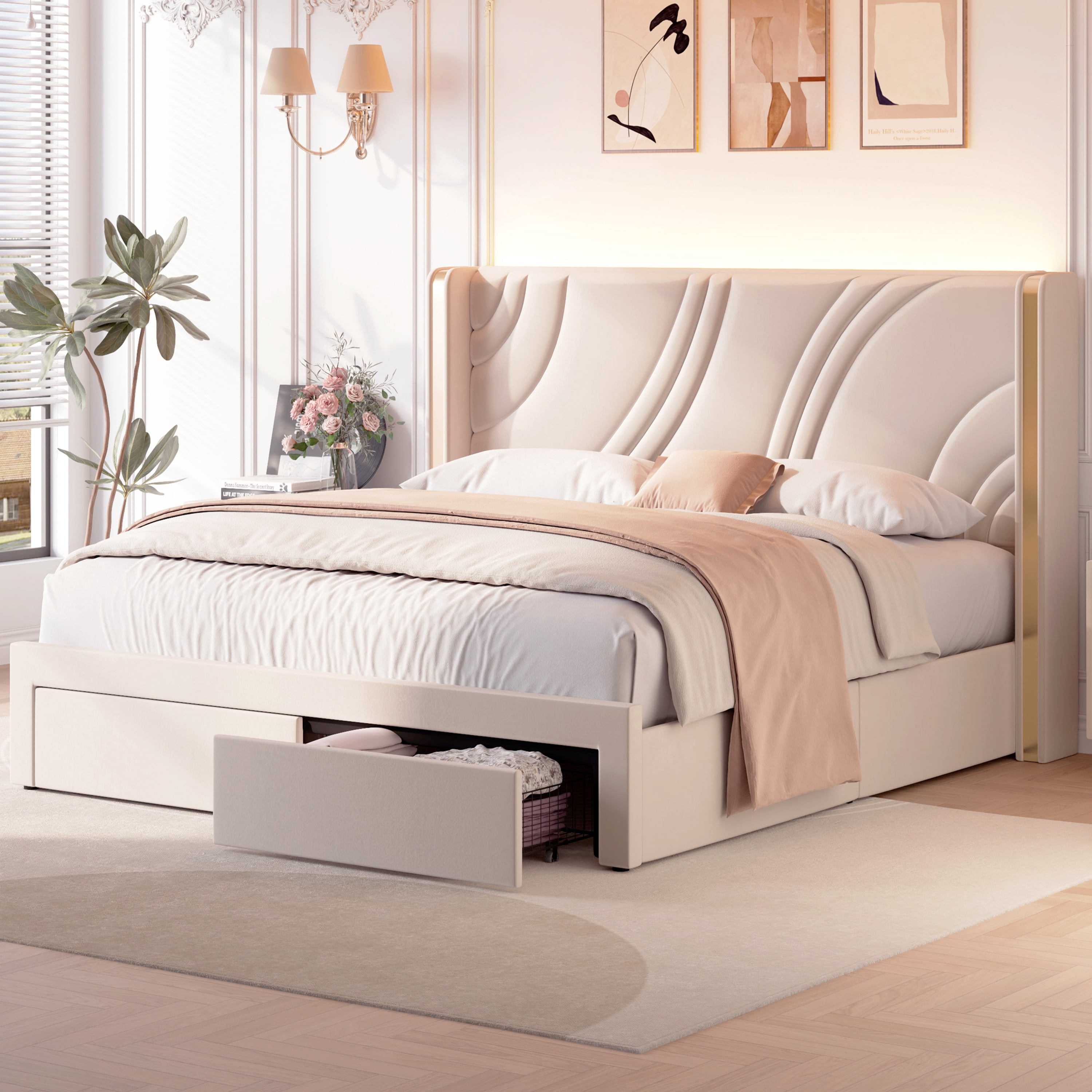 Euroco Upholstered Queen Size Platform Bed with Drawers, Velvet Bed ...