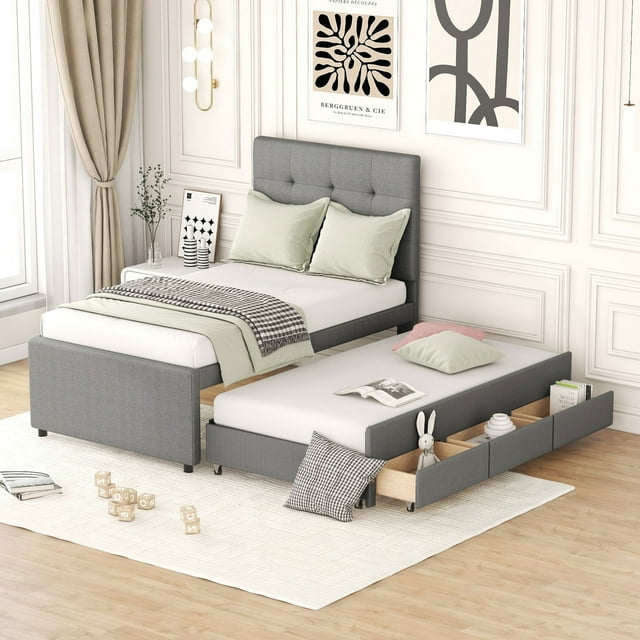 Euroco Upholstered Twin Bed, Platform Bed with Trundle and 3 Drawers ...