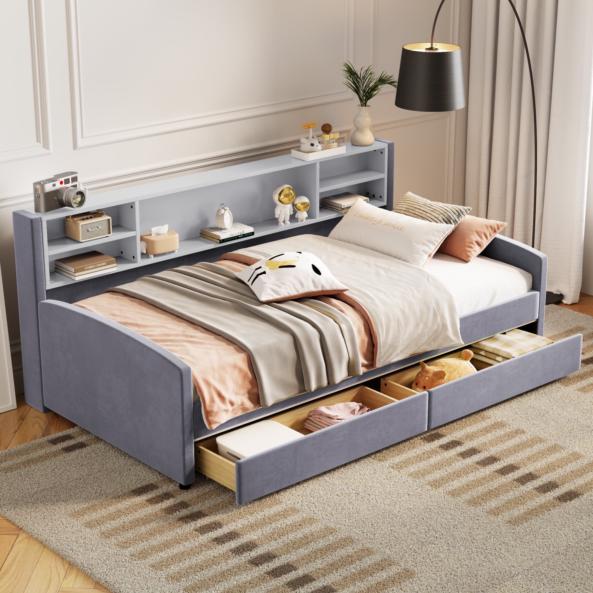 Euroco Upholstered Twin Size Captain Bed with Drawers and Shelves for ...