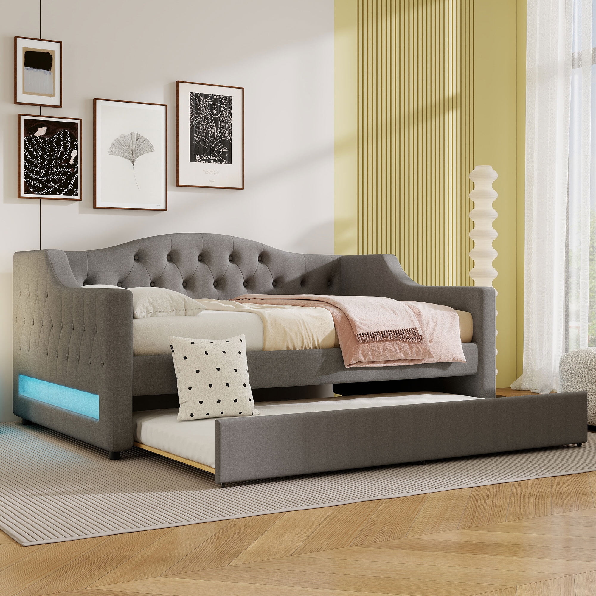 Euroco Upholstery Full XL Daybed with Trundle and LED Light, Gray ...